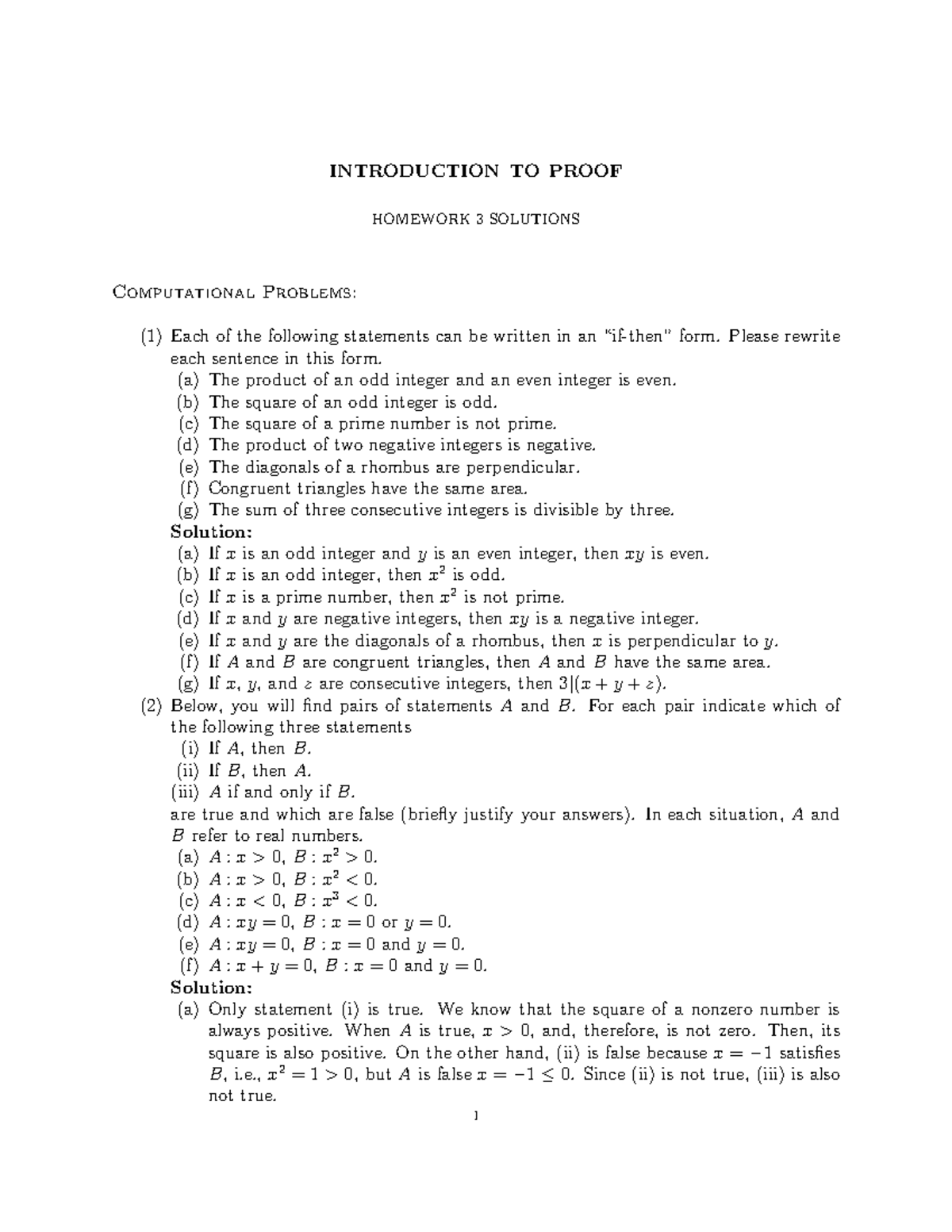 Homework 3 Solutions Introduction To Proof Homework 3 Solutions Computational Problems 1