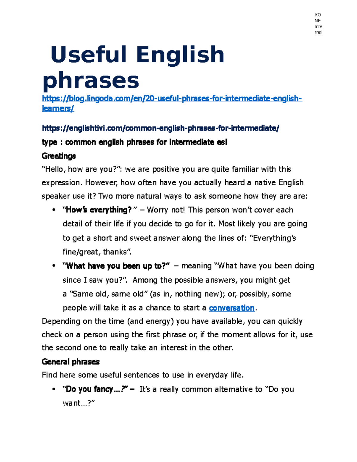 20 useful English phrases - Useful English phrases - Studocu