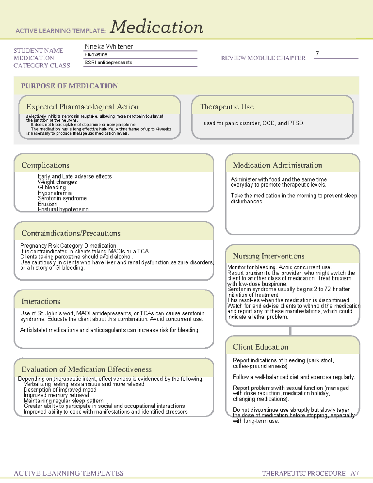 Ati Med SSRI depressant Fluoxetine - STUDENT NAME MEDICATION REVIEW ...