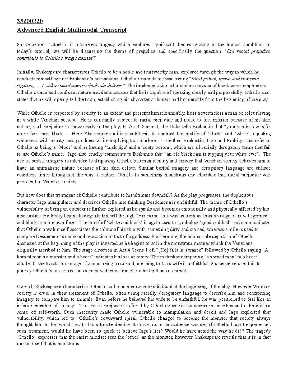 Othello Multimodal Transcript - 35200320 Advanced English Multimodal ...