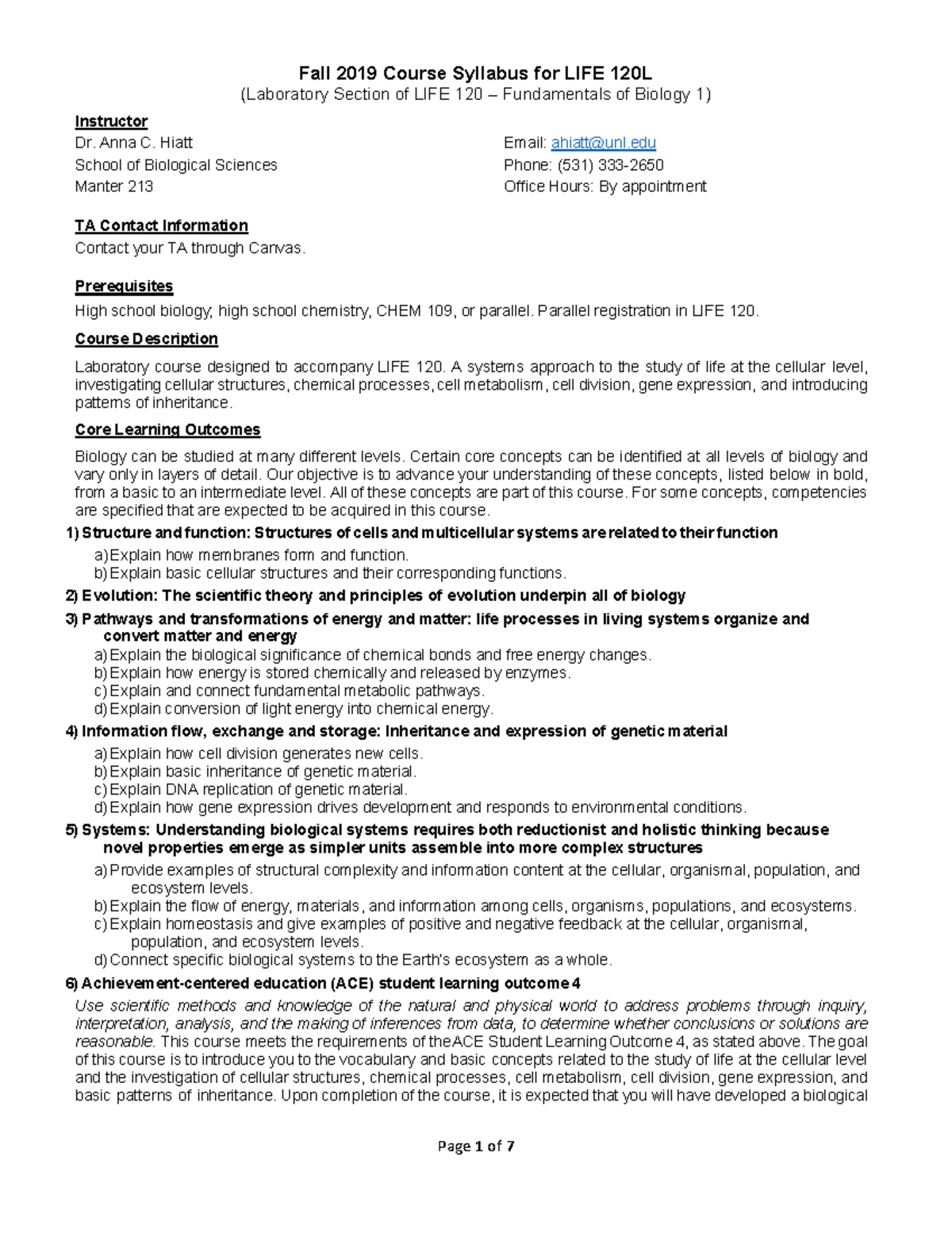 LIFE 120L Fall 2019 Syllabus - (Laboratory Section of LIFE 120 ...
