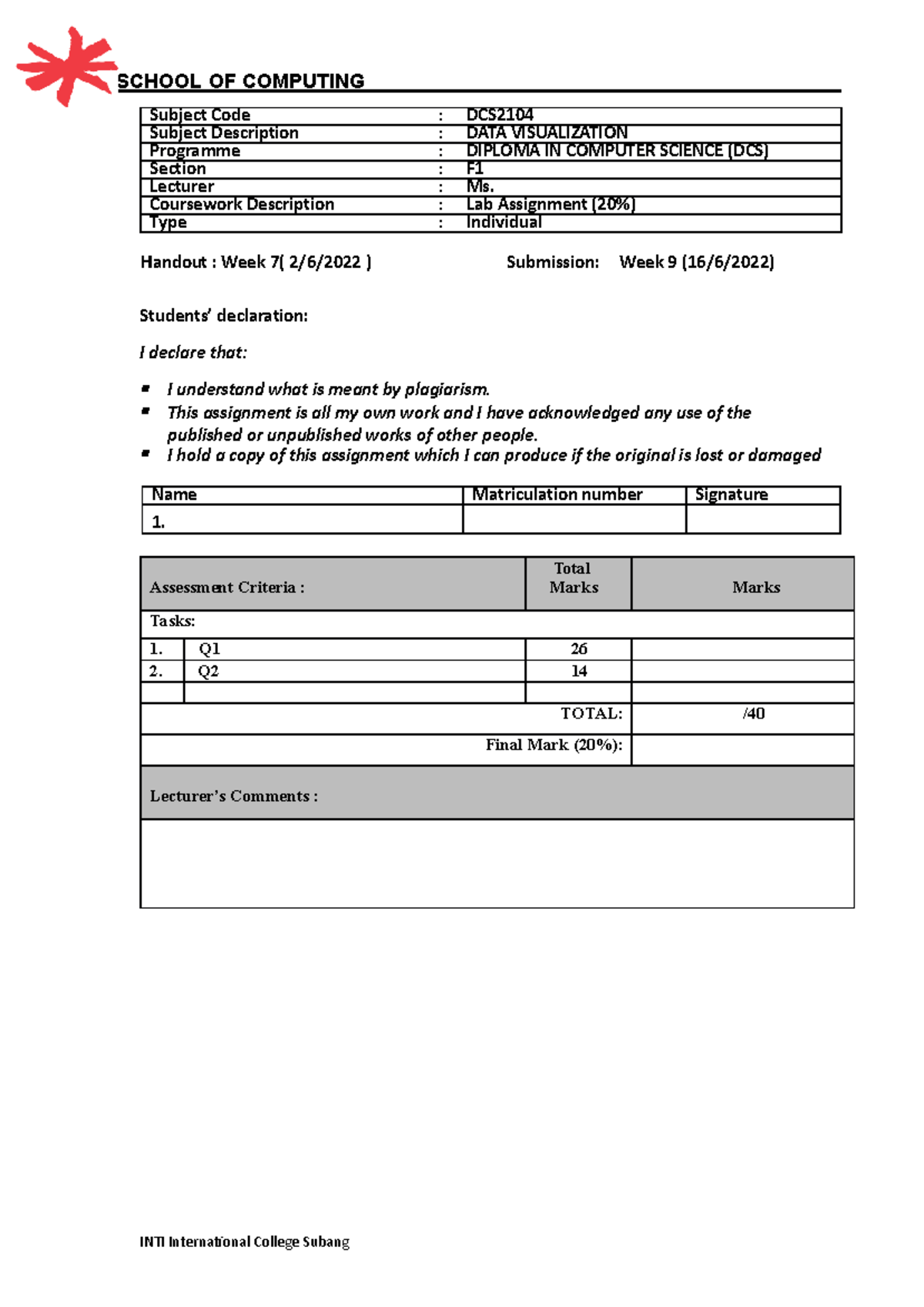 DCS2104 Lab Assignment April 2022 - SCHOOL OF COMPUTING INTI Interna琀椀onal College Subang ...