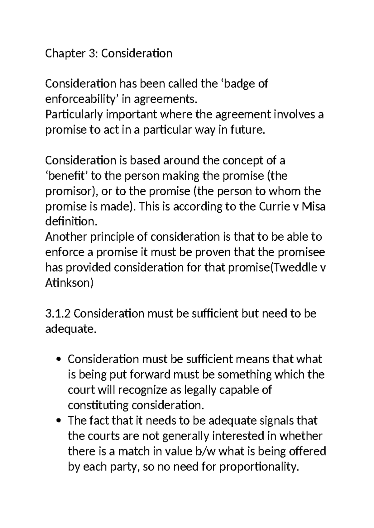 Chapter 3 - Contract Law Notes - Chapter 3: Consideration Consideration ...