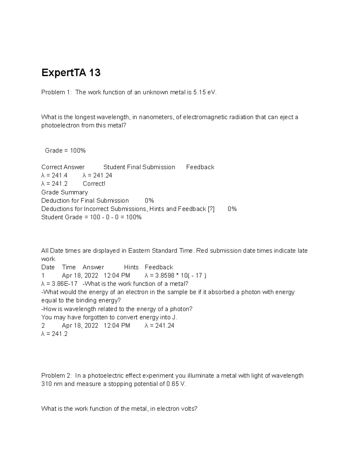 Expert TA 13 - Physics Homework Key - ExpertTA 13 Problem 1: The work ...