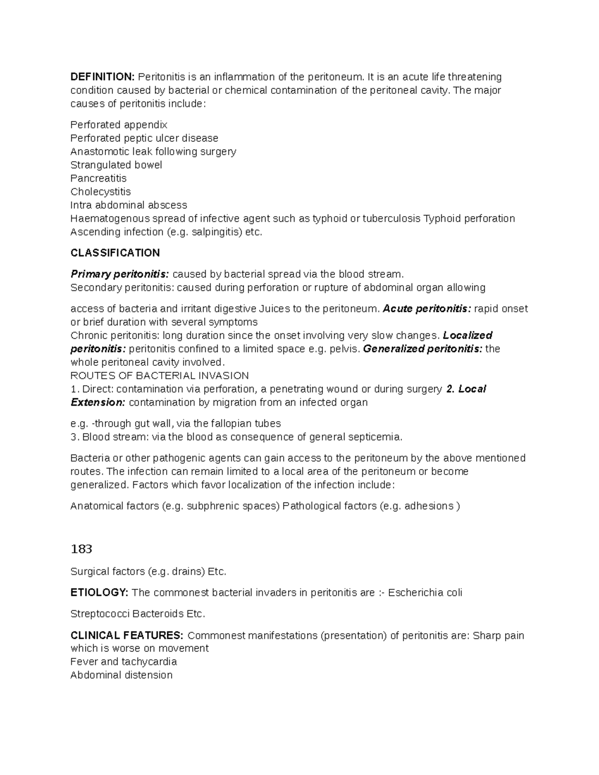 Surgery notes 16 - DEFINITION: Peritonitis is an inflammation of the ...