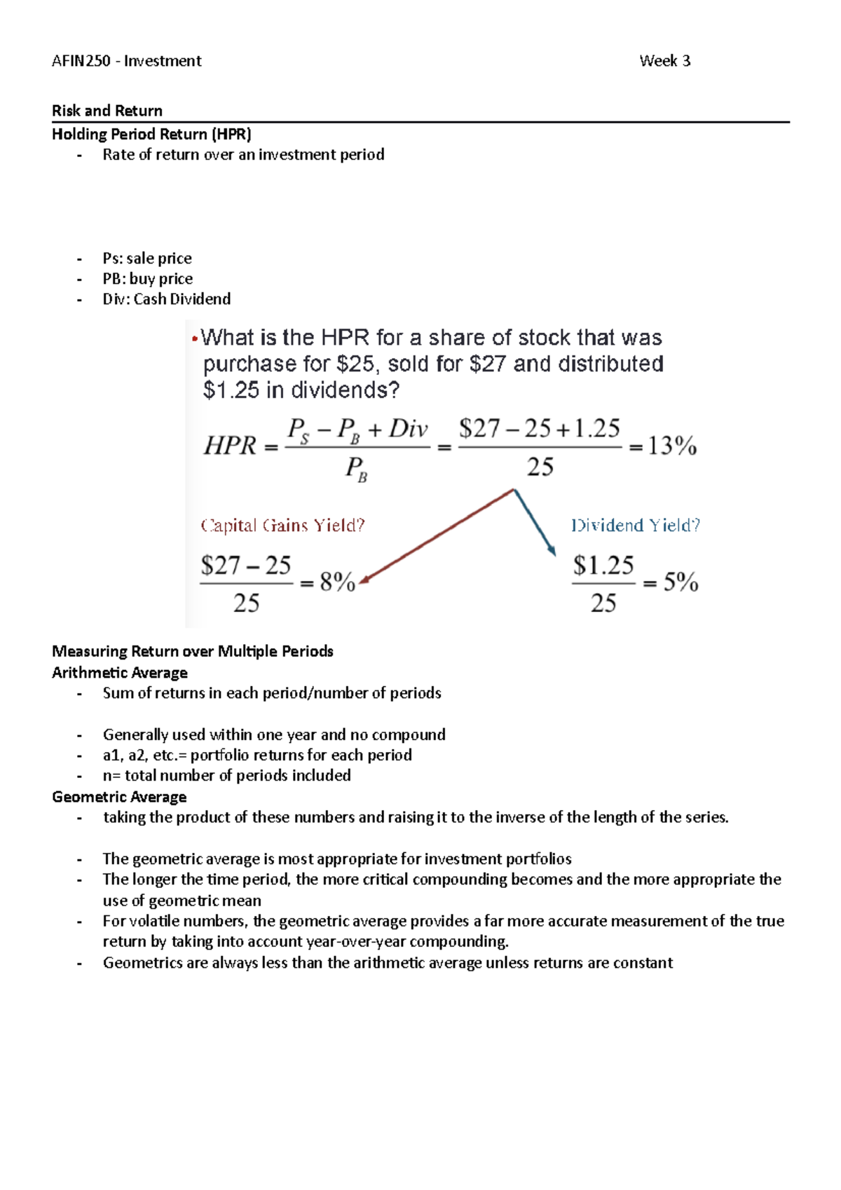 AFIN250 Week3 Notes - Risk and Return Holding Period Return (HPR ...