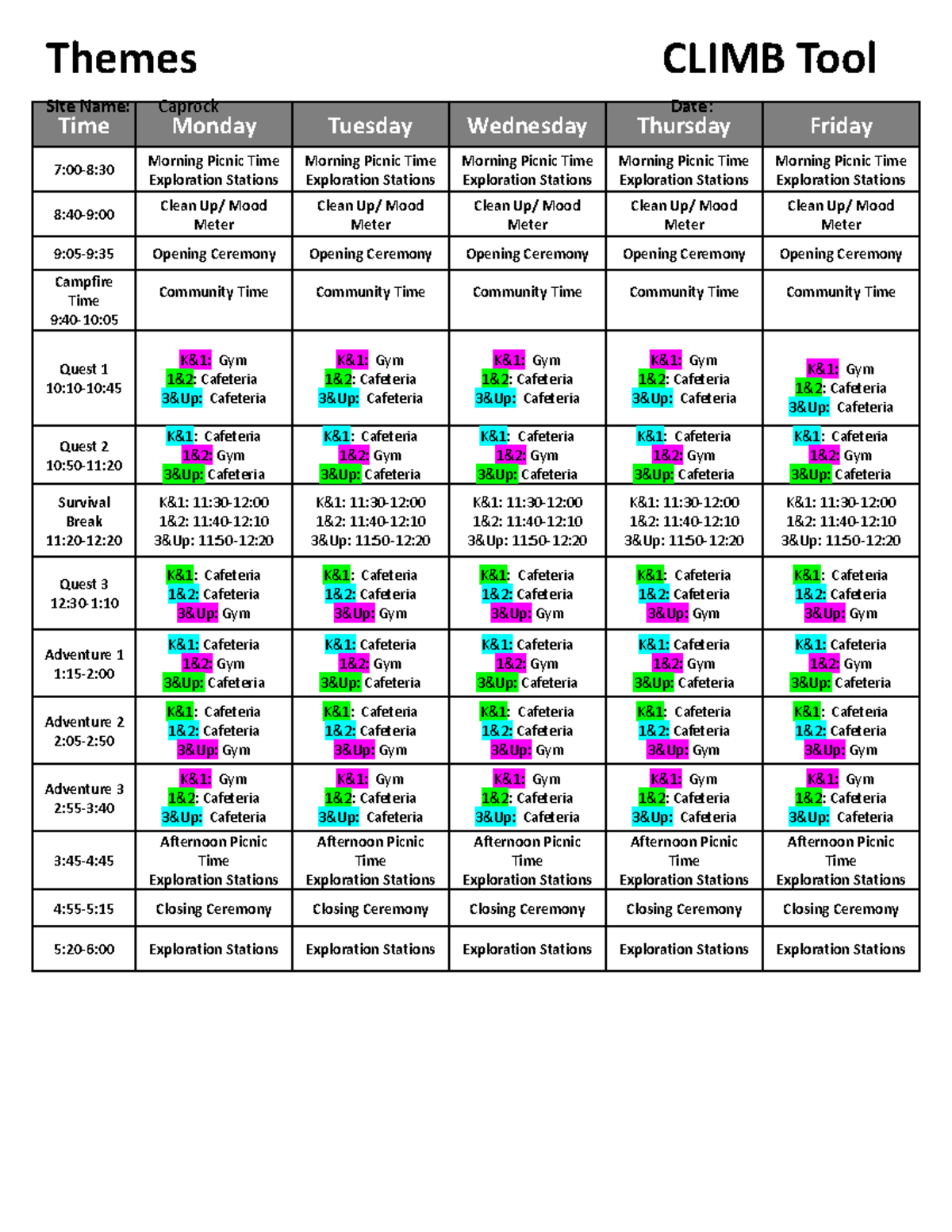 Activity Schedule Template all summer - Time Monday Tuesday Wednesday ...