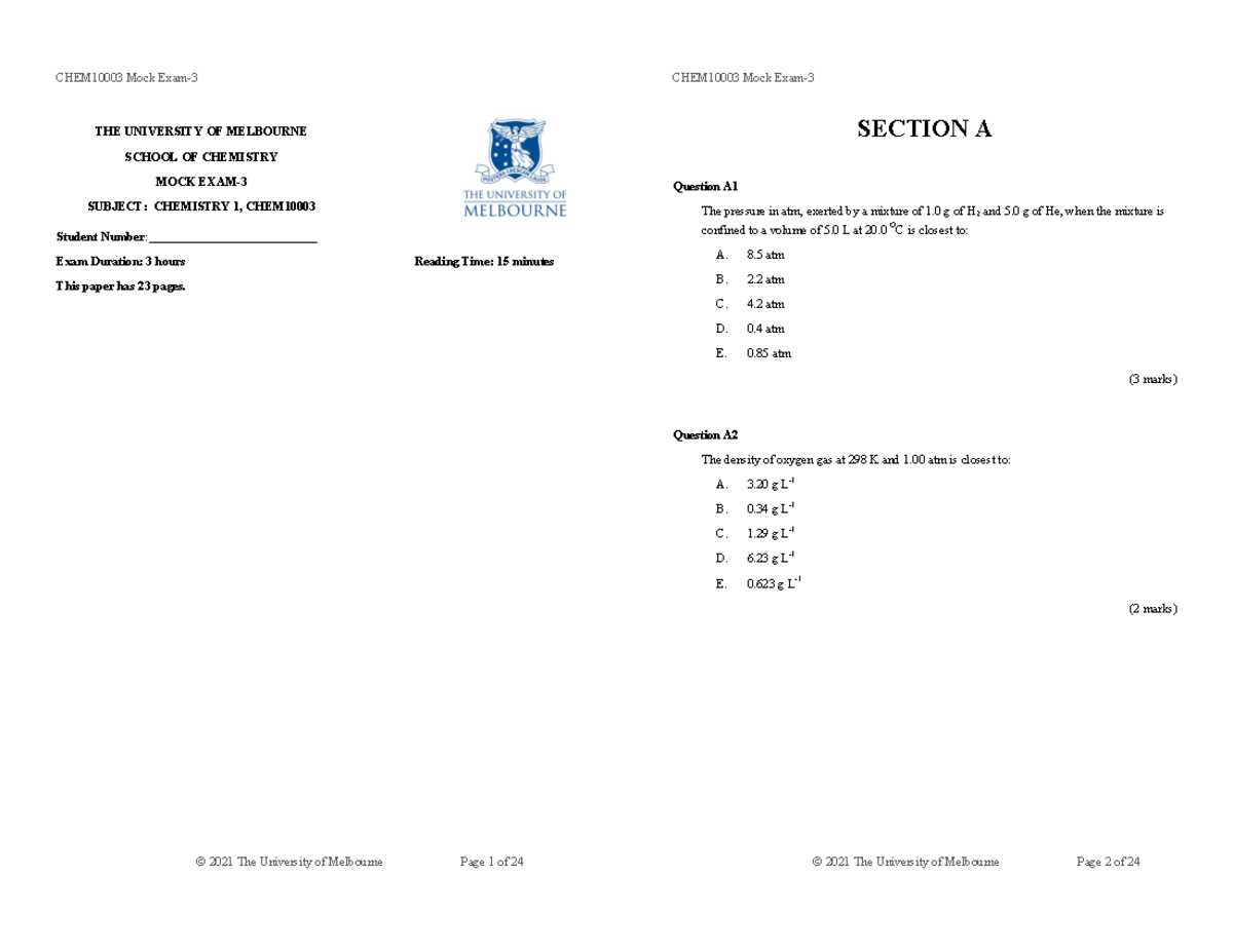 Microsoft Word - 10003 V2 Mock Exam-3 - THE UNIVERSITY OF MELBOURNE SCHOOL OF CHEMISTRY MOCK ...