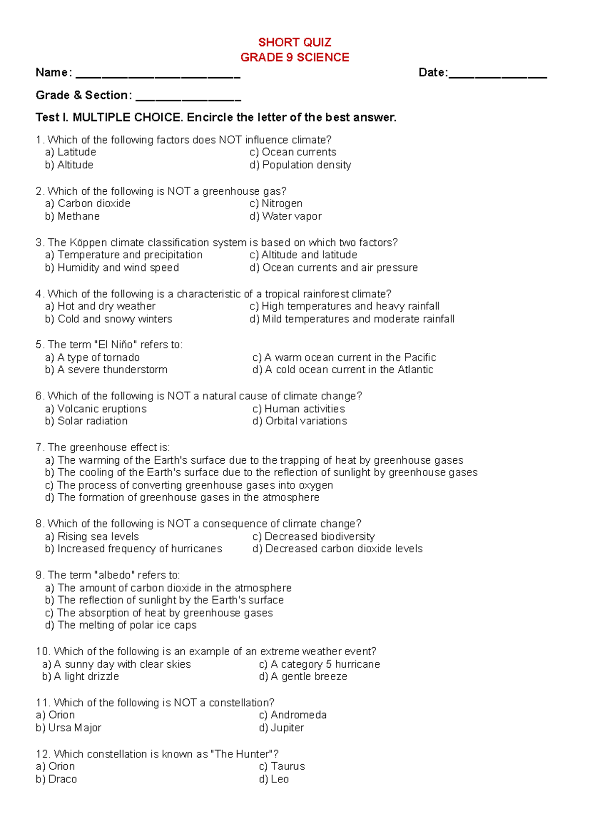 Short QUIZ Grade 9 Science - SHORT QUIZ GRADE 9 SCIENCE Name