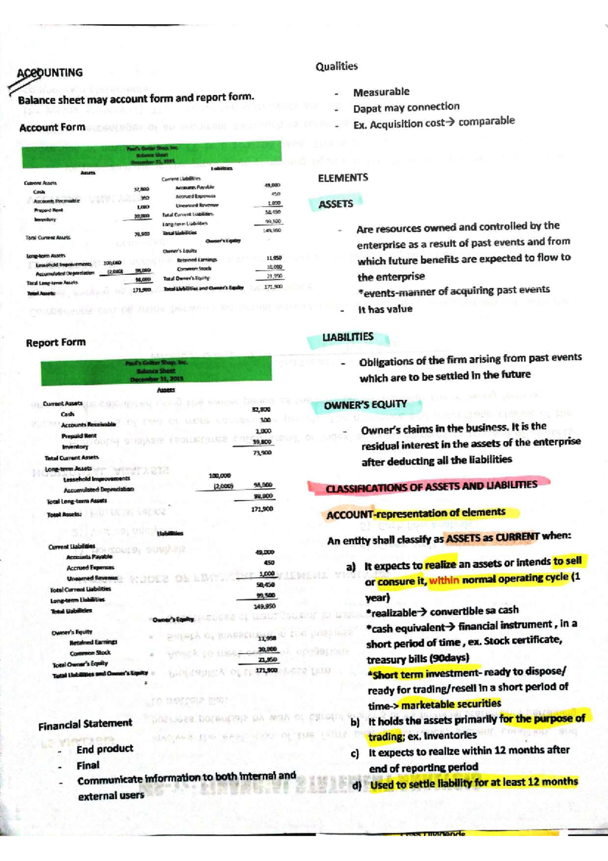 Elements and FS - Lecture notes Fundamentals of Accountancy, Business ...
