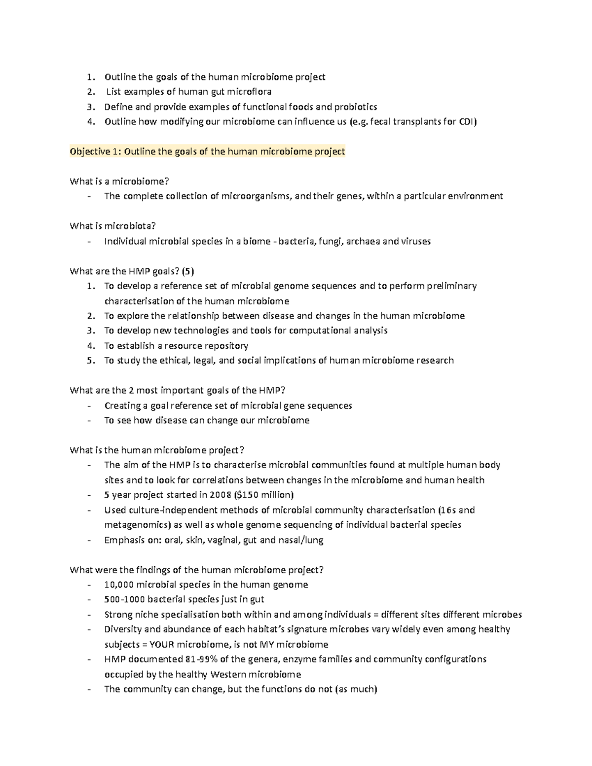 CELS191 Lecture 30 The Human Microbiome - Outline the goals of the ...