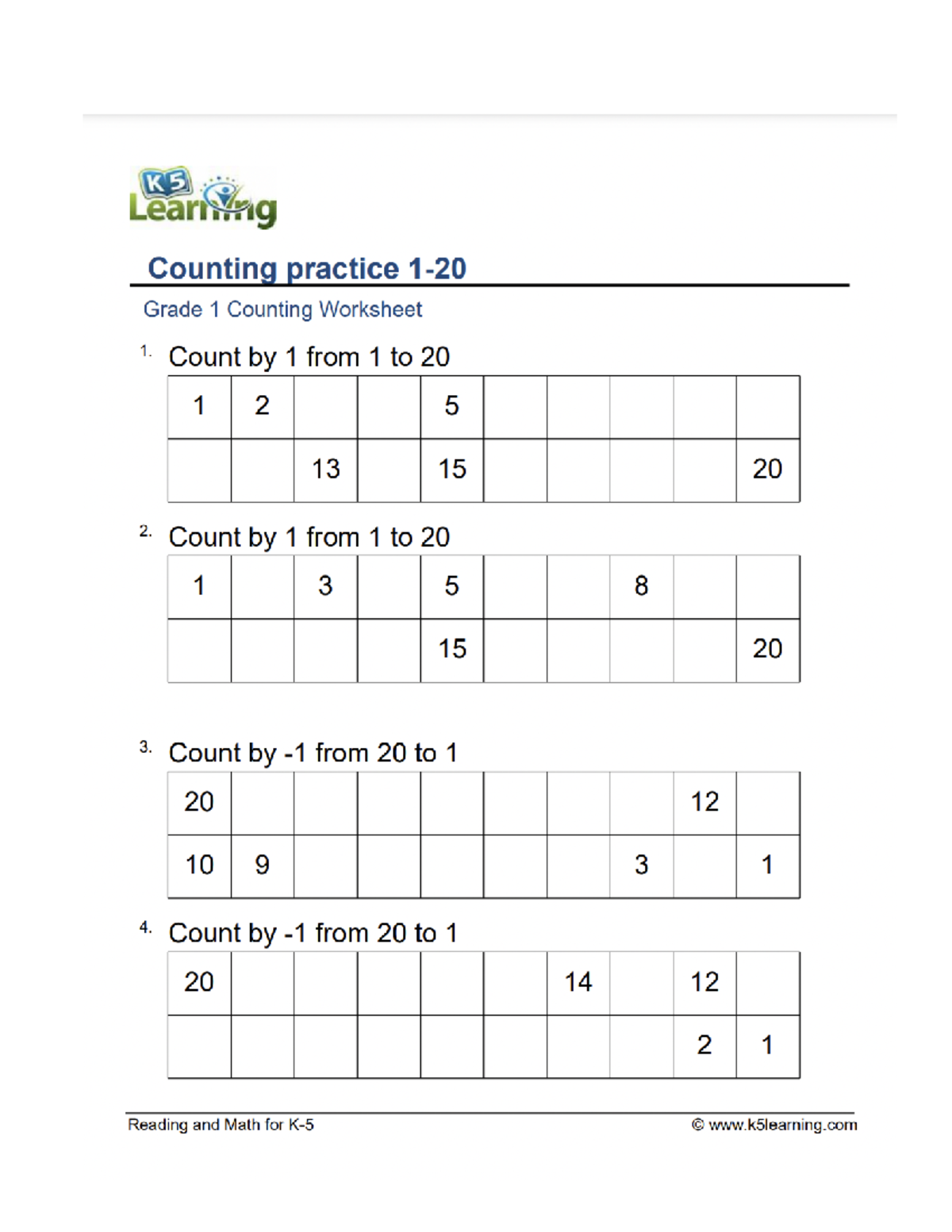 Maths - Countong to 20 - n.a - K5 Learning Counting practice Grade 1 ...