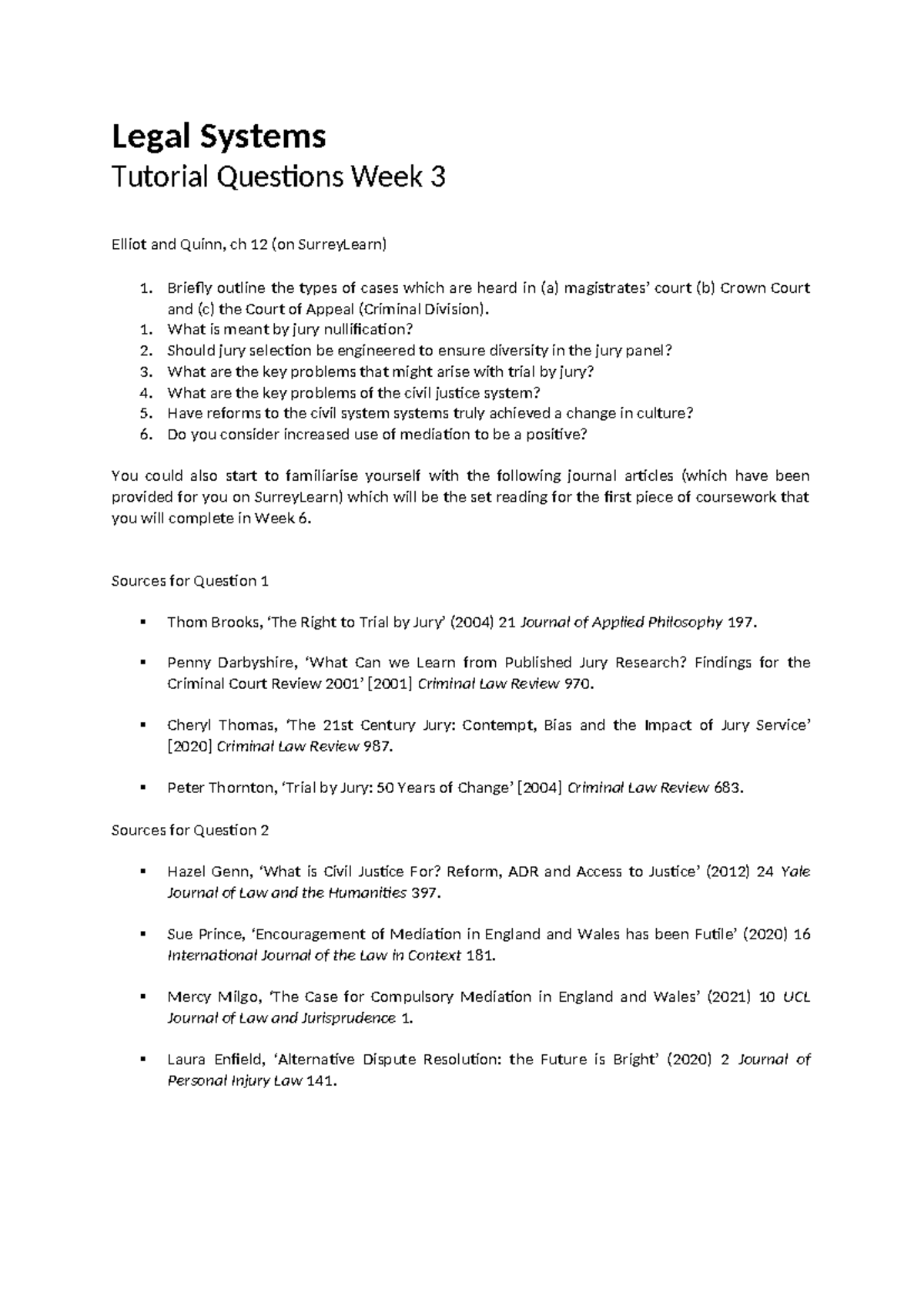 Legal Systems Tutorial 3 - Legal Systems Tutorial Questions Week 3 Elliot and Quinn, ch 12 (on ...