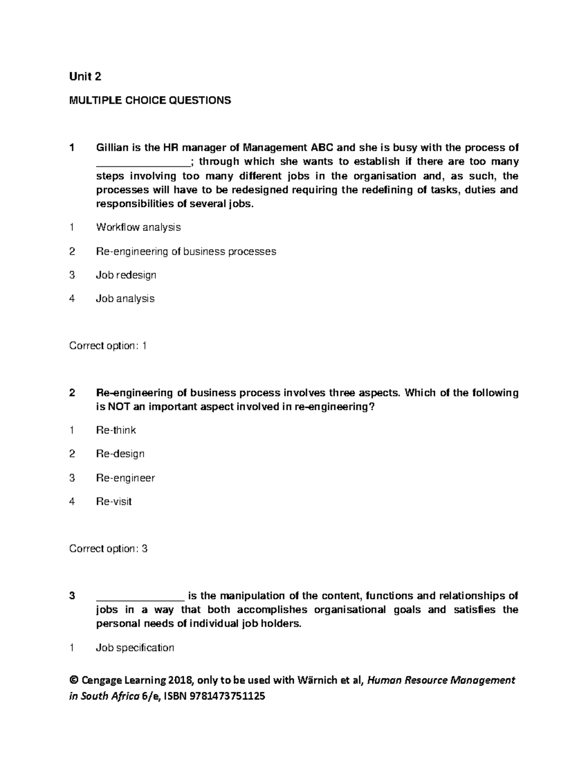 BDO 319 Quiz Unit 2 - © Cengage Learning 201 8 , only to be used with ...