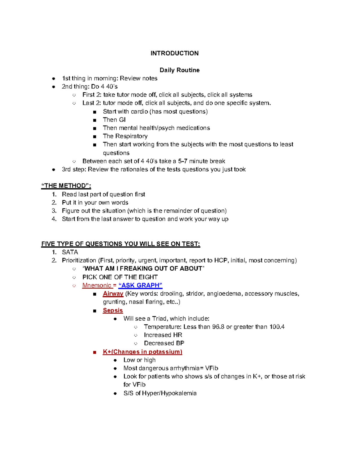 Everything for Nclex - Lecture note - INTRODUCTION Daily Routine 1st ...