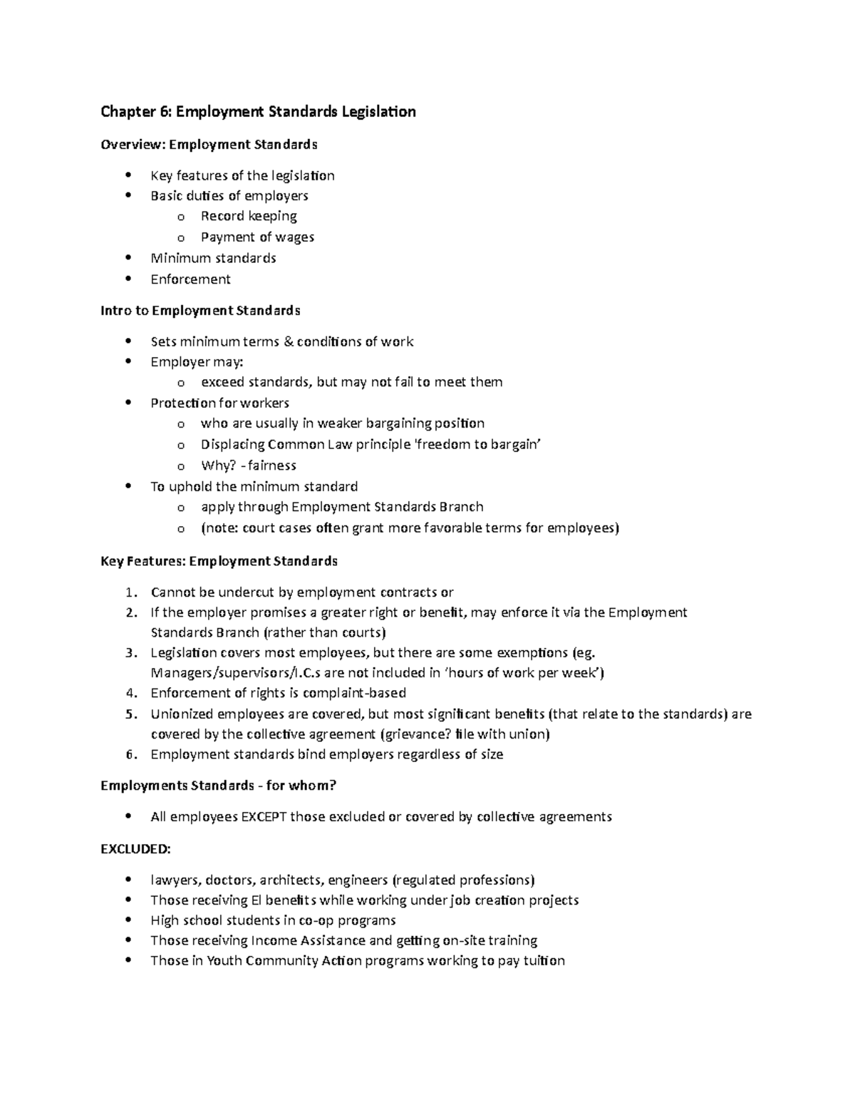 Chapter 6, 9, 8 - Lecture Notes - Chapter 6: Employment Standards ...