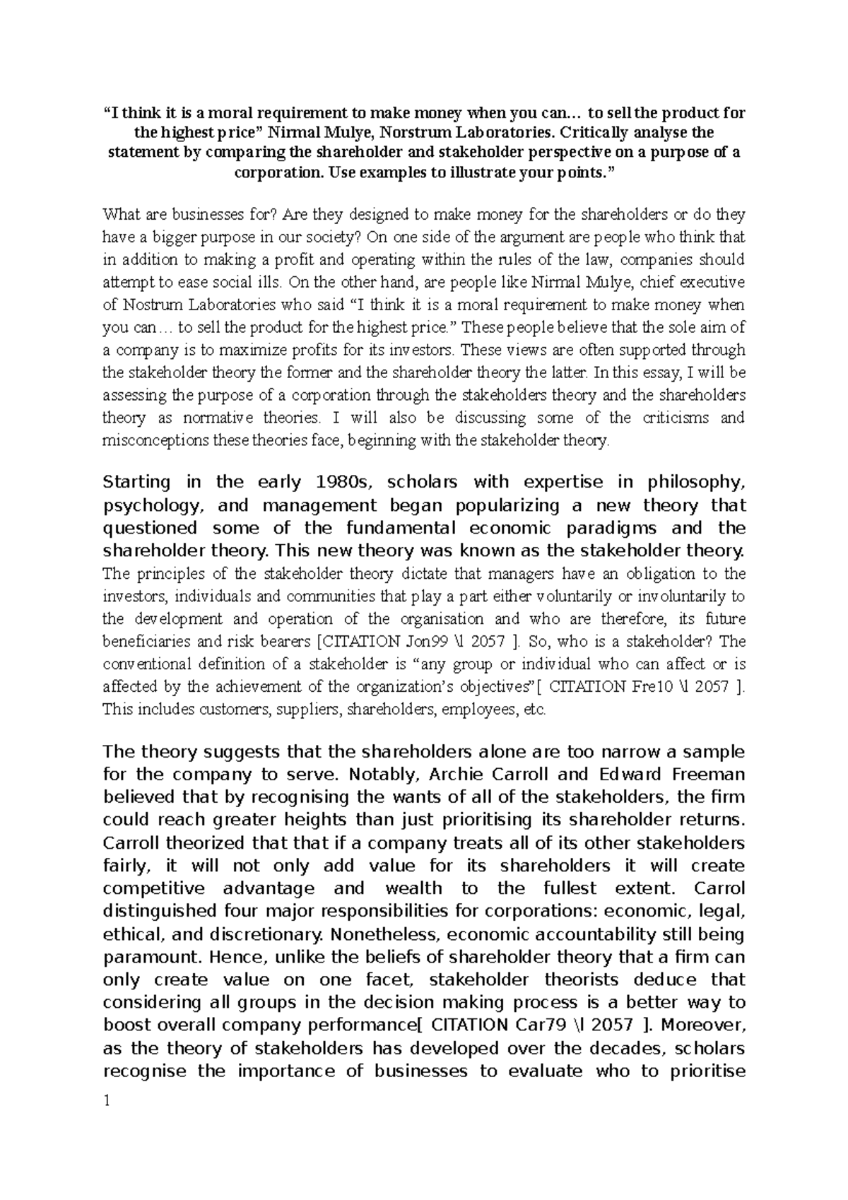 Share stake essay - “I think it is a moral requirement to make money ...