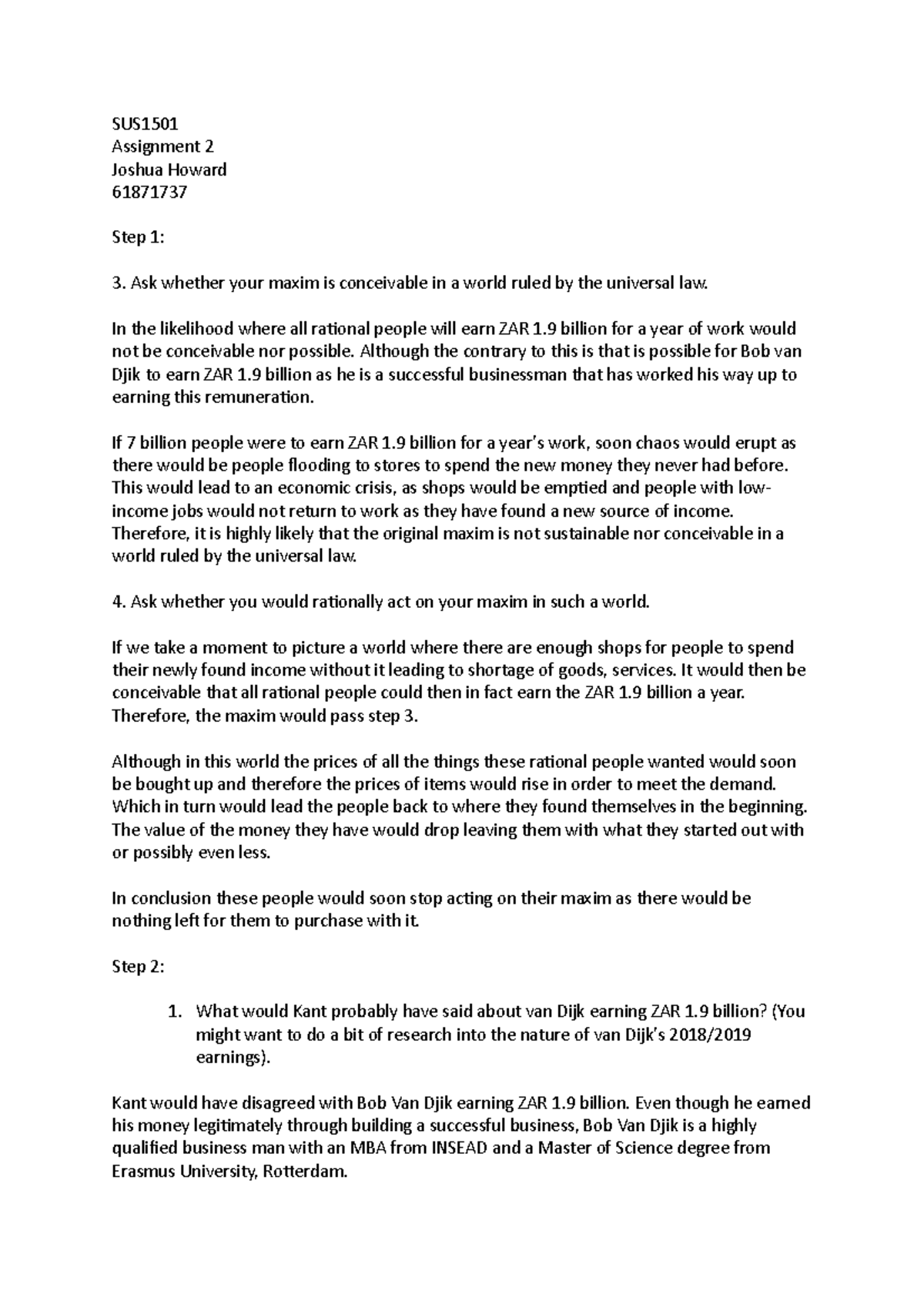 SUS1501 Assigment 2 2022 - SUS Assignment 2 Joshua Howard 61871737 Step ...