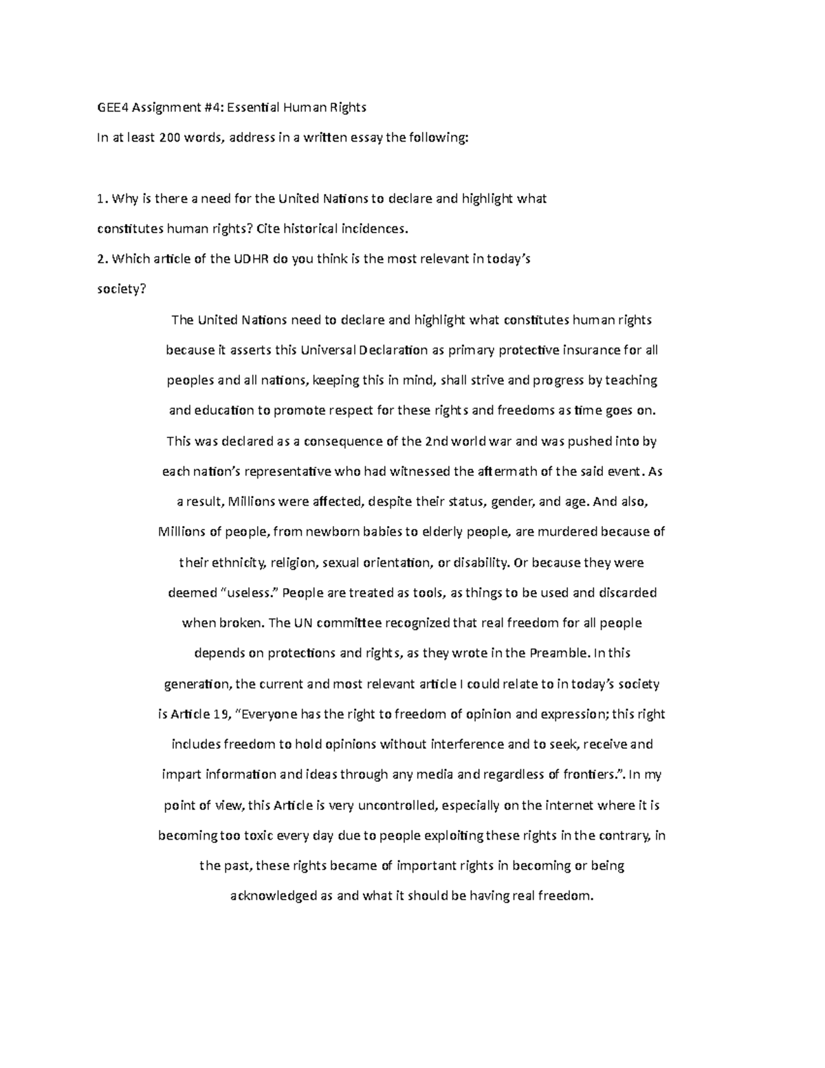 GEE4 Assignment Essential Human Rights - GEE4 Assignment #4: Essential ...