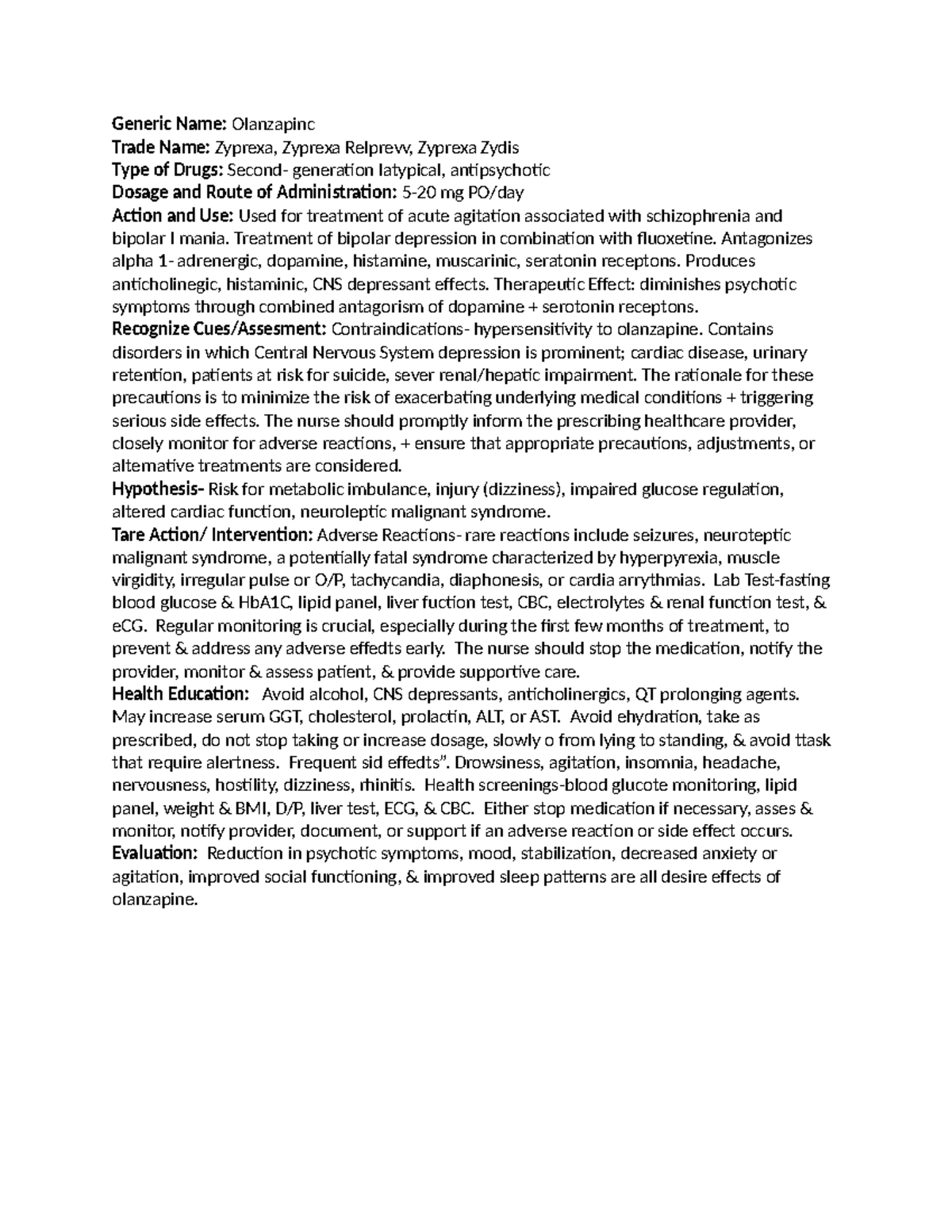Midterm Drug Cards - Generic Name: Olanzapinc Trade Name: Zyprexa ...