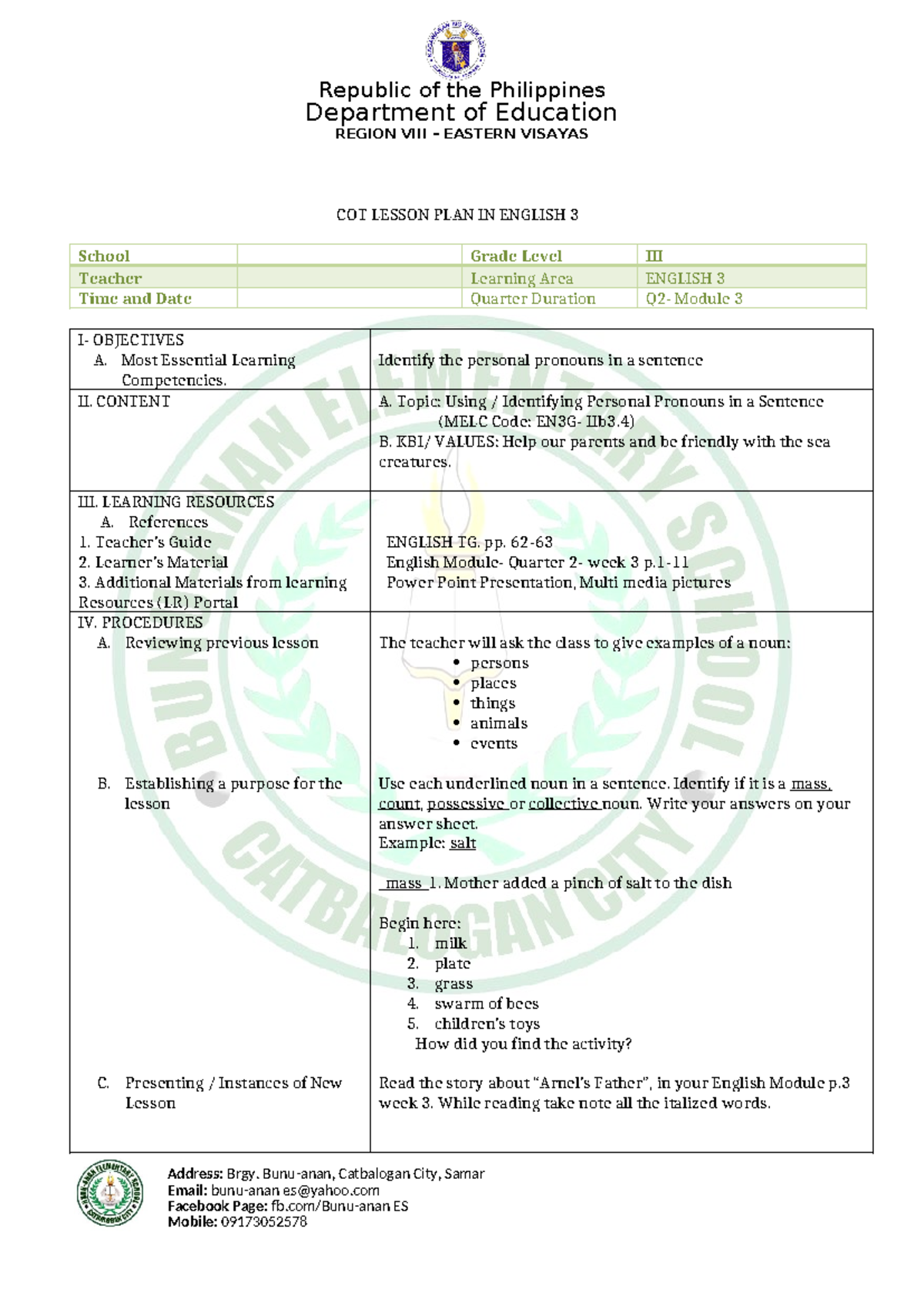 COT IN English 3 - Department of Education REGION VIII – EASTERN ...