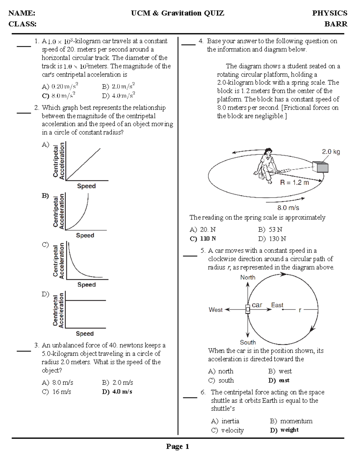 Circular Motion & Gravity QUIZ TC - NAME: UCM & Gravitation QUIZ ...