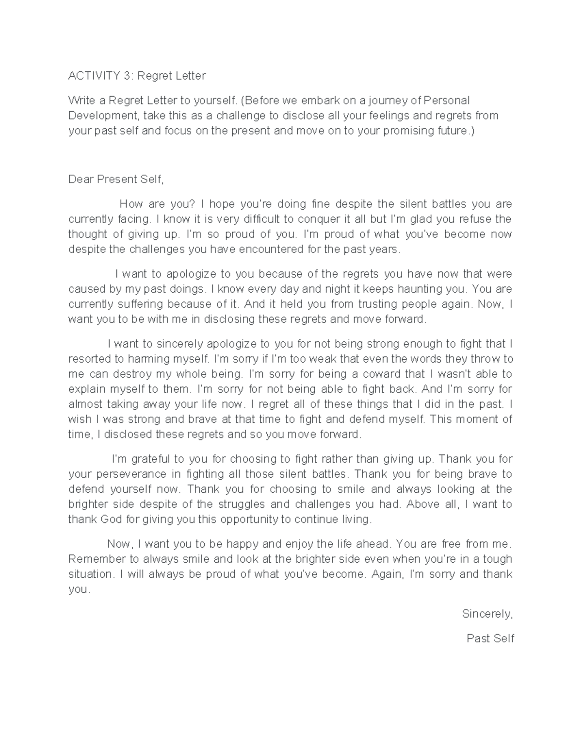 Activity 3 - Letter to Present Self - ACTIVITY 3: Regret Letter Write a ...