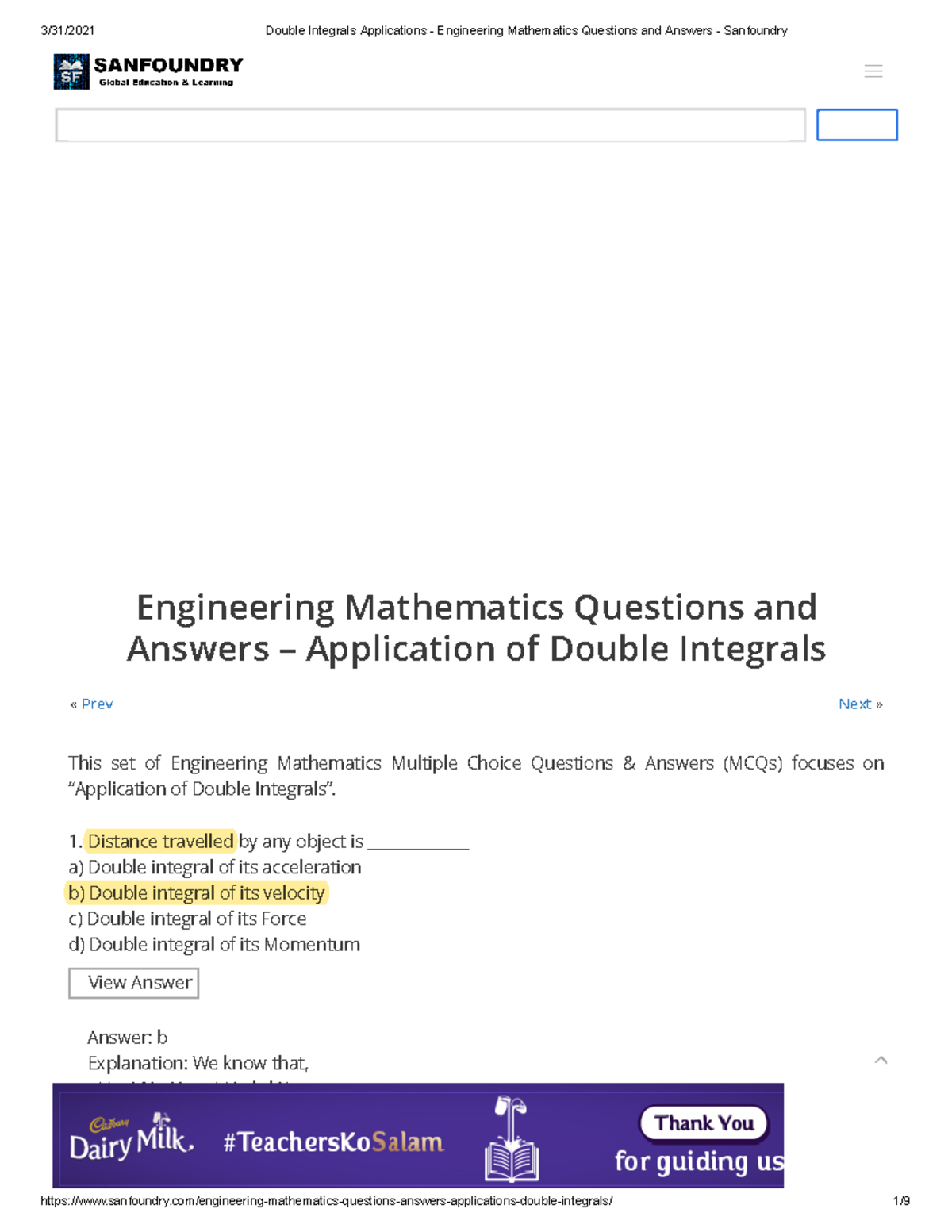 Double Integrals Applications - Engineering Mathematics Questions and Answers - Sanfoundry - Studocu