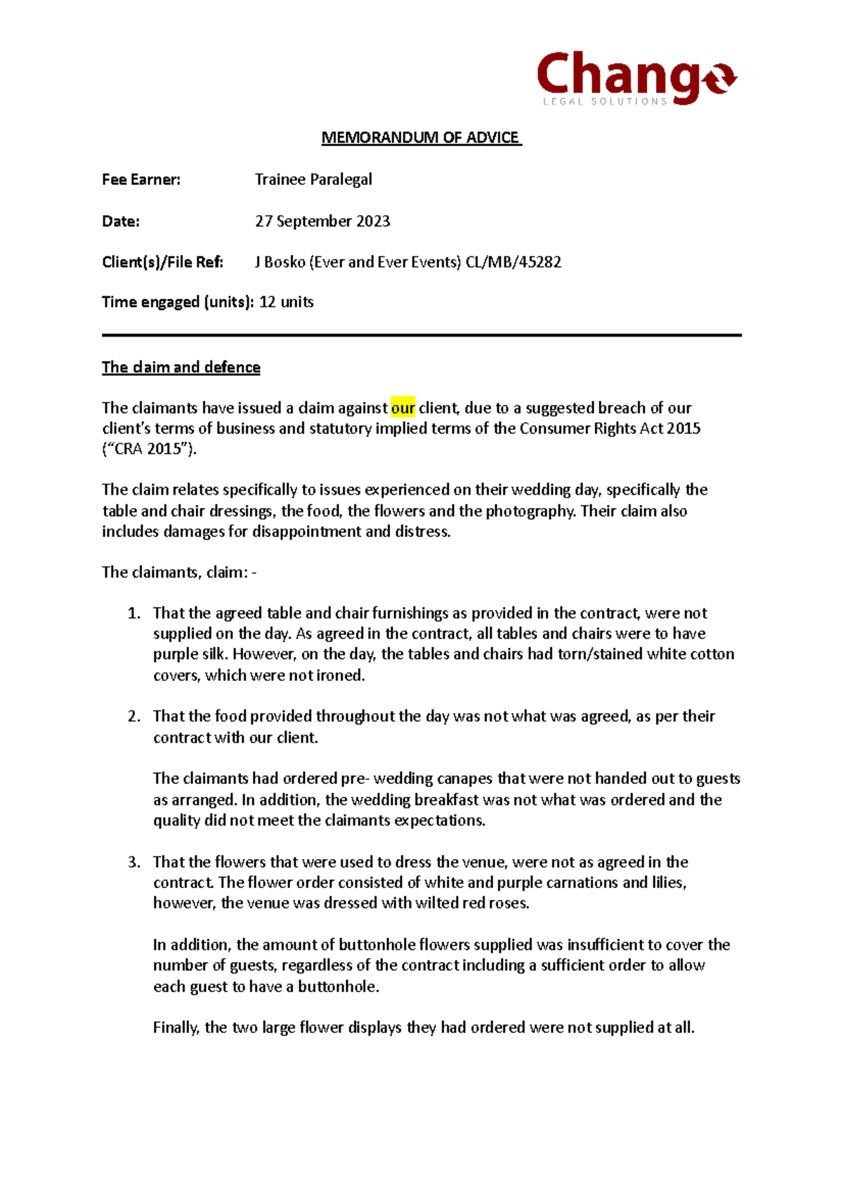 CPQ Marked AS2 - MEMORANDUM OF ADVICE Fee Earner: Trainee Paralegal ...