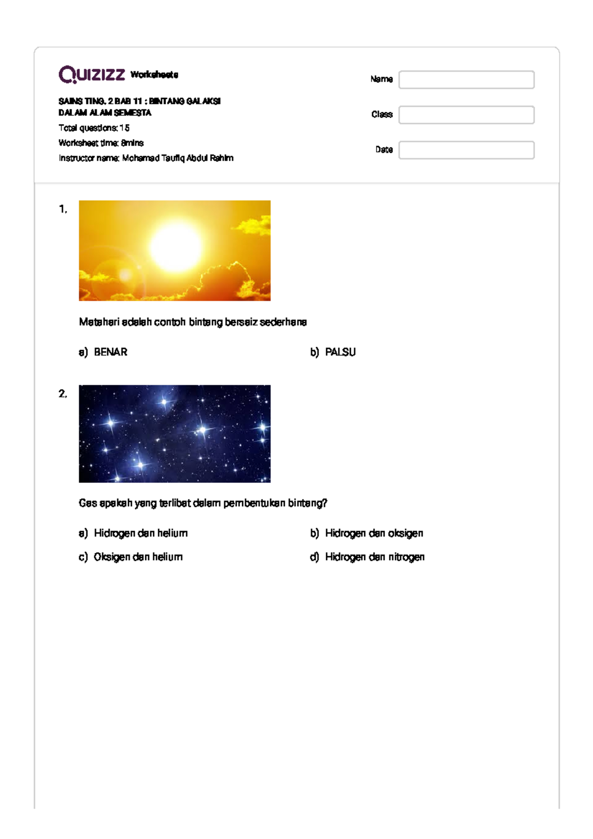 Galaxy and Universe - Worksheets SAINS TING. 2 BAB 11 : BINTANG ...