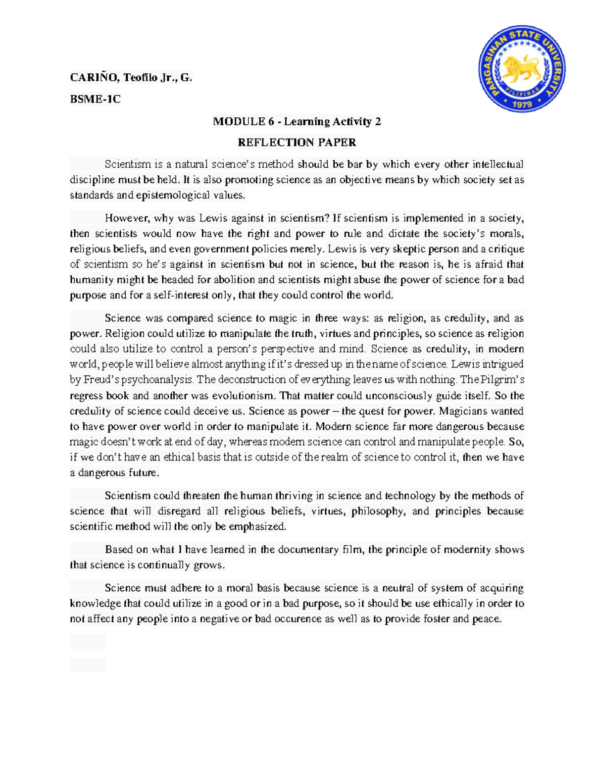 MODULE 6 - Learning Activity 2 REFLECTION PAPER - Science, Technology, and Society - Studocu