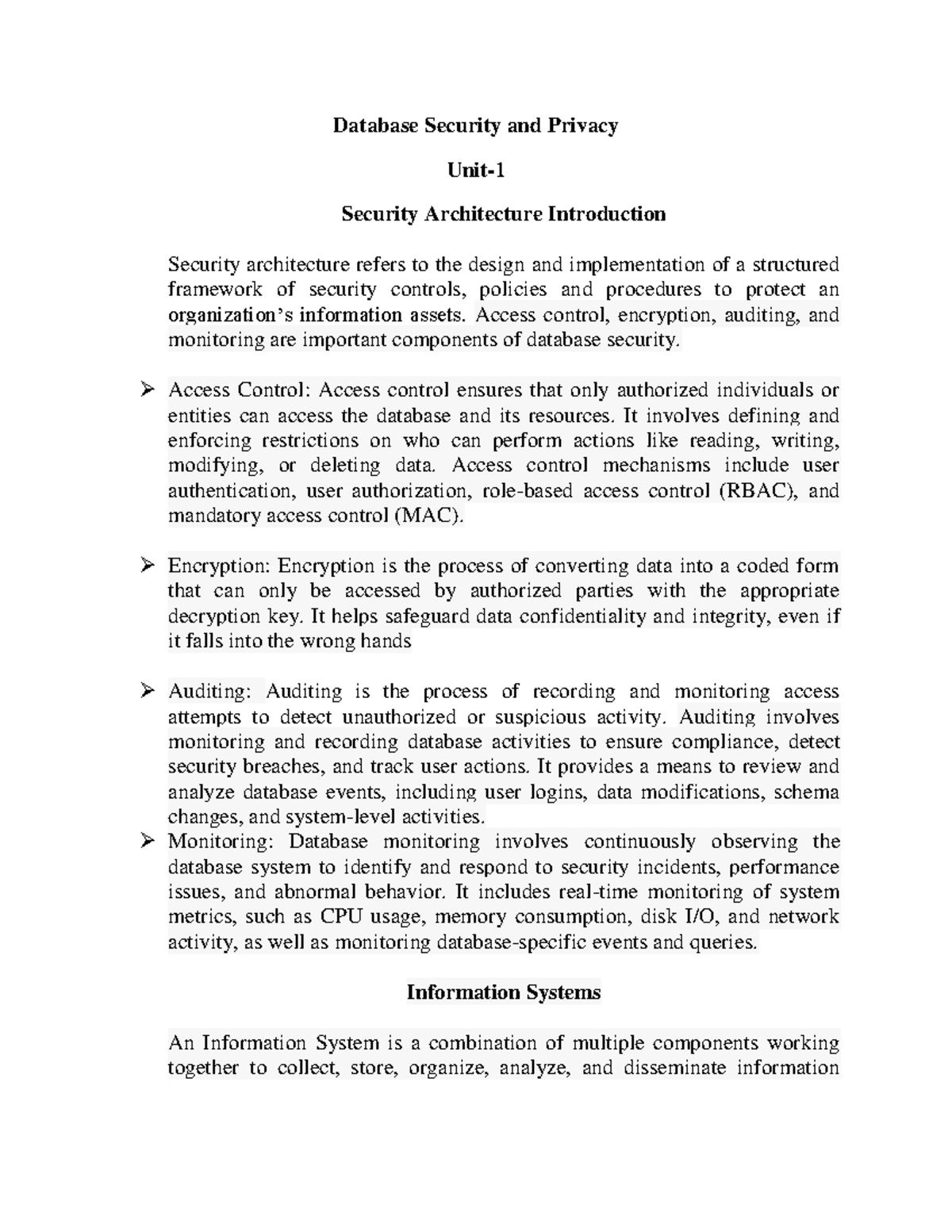Unit 1 - Database Security and Privacy Unit- Security Architecture Introduction Security - Studocu