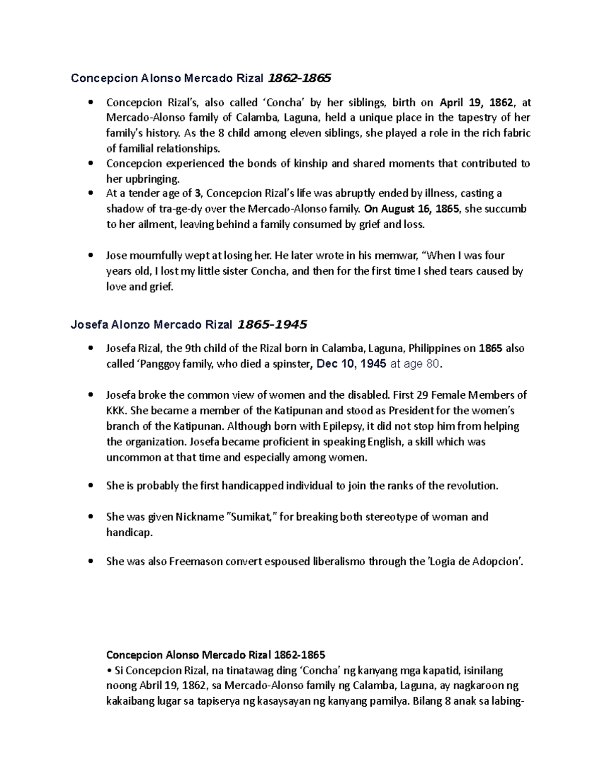 Concepcion Alonso Mercado Rizal 1862 - As the 8 child among eleven ...