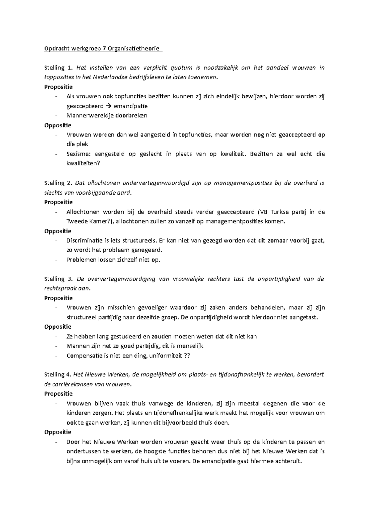 Werkgroep uitwerkingen - 7 - stellingen debat + argumenten - Opdracht ...