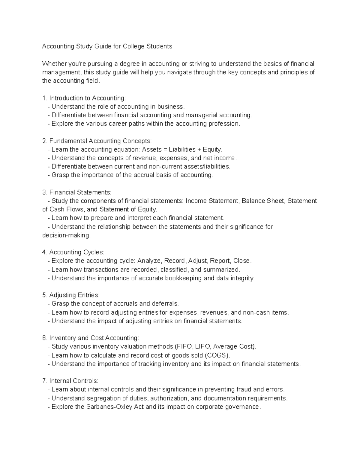 Accounting Study Guide for College Students - Introduction to ...