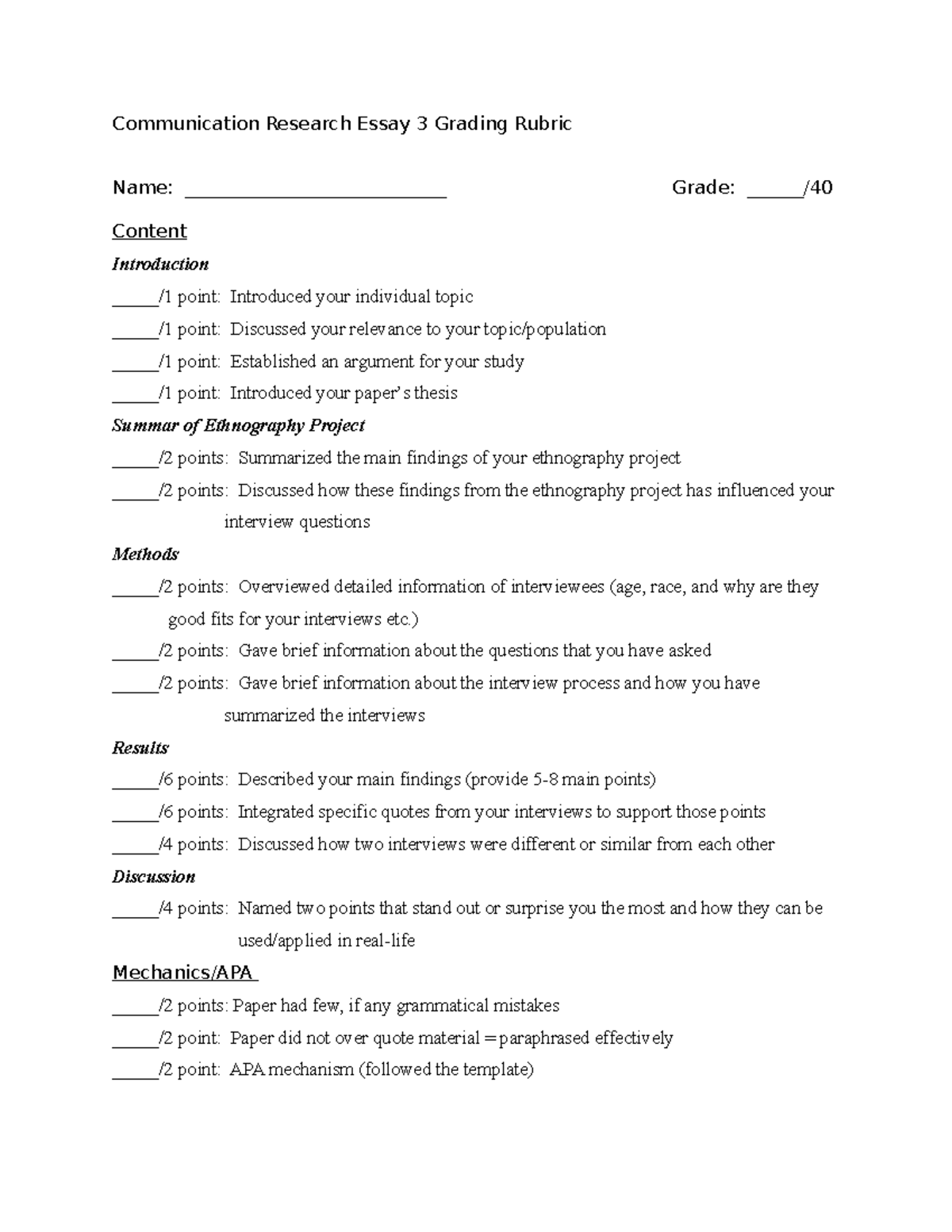 Essay 3 Grading Rubric - Communication Research Essay 3 Grading Rubric ...