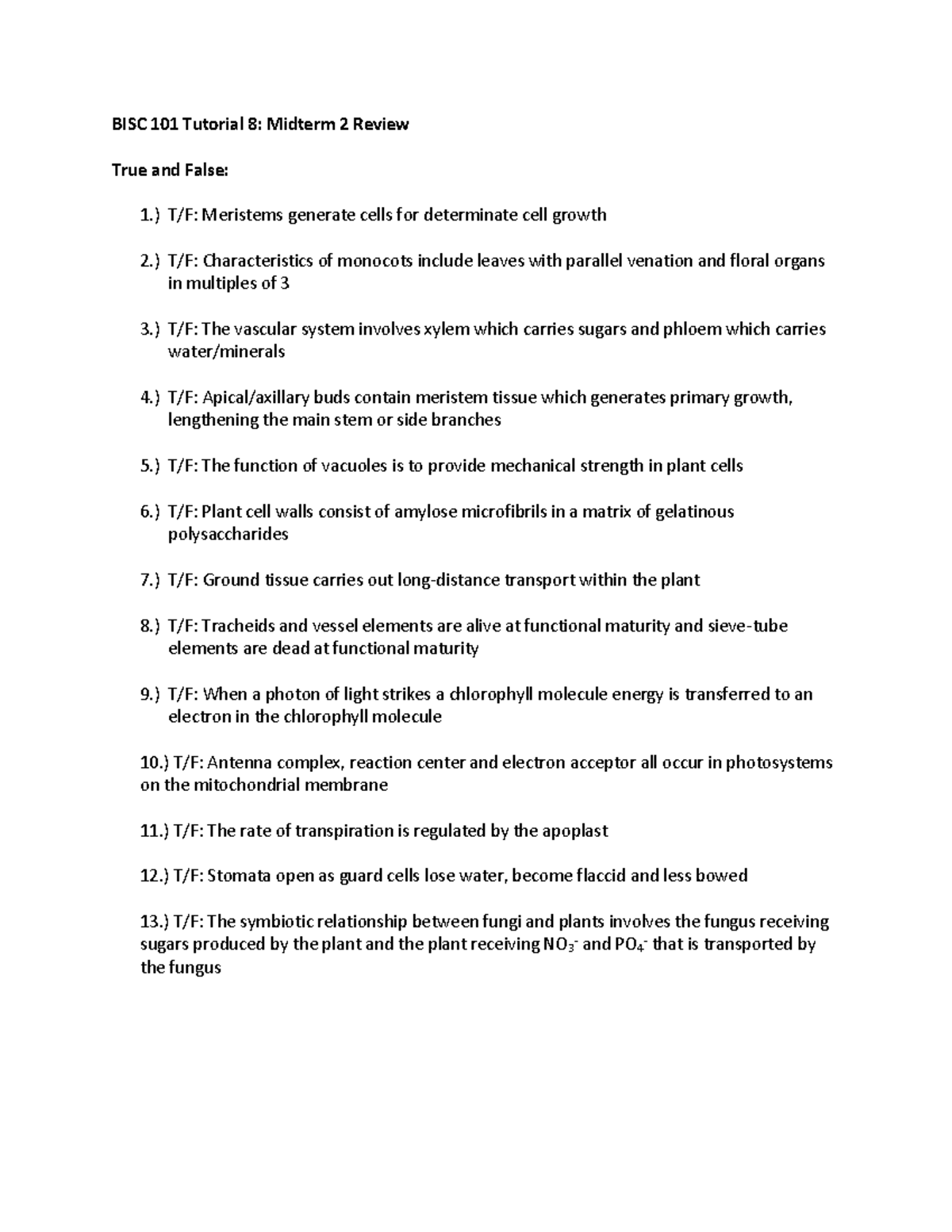 BISC 101 Midterm 2 Review - BISC 101 Tutorial 8: Midterm 2 Review True ...