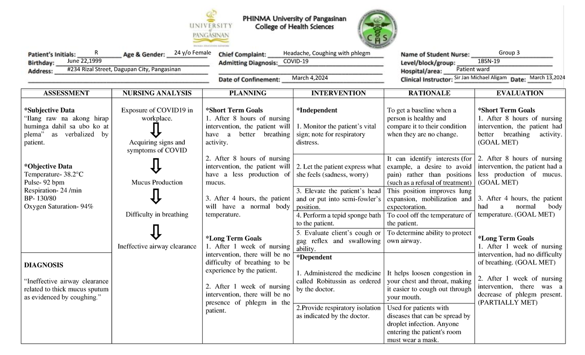 NCP - ASSESSMENT NURSING ANALYSIS PLANNING INTERVENTION RATIONALE ...