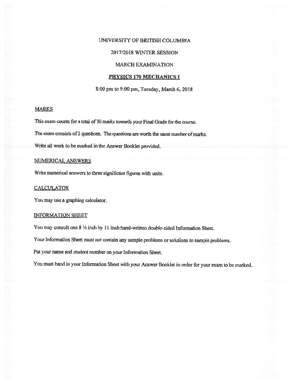 2017 W2 PHYS 170 March Exam Questions - PHYS 170 - Studocu