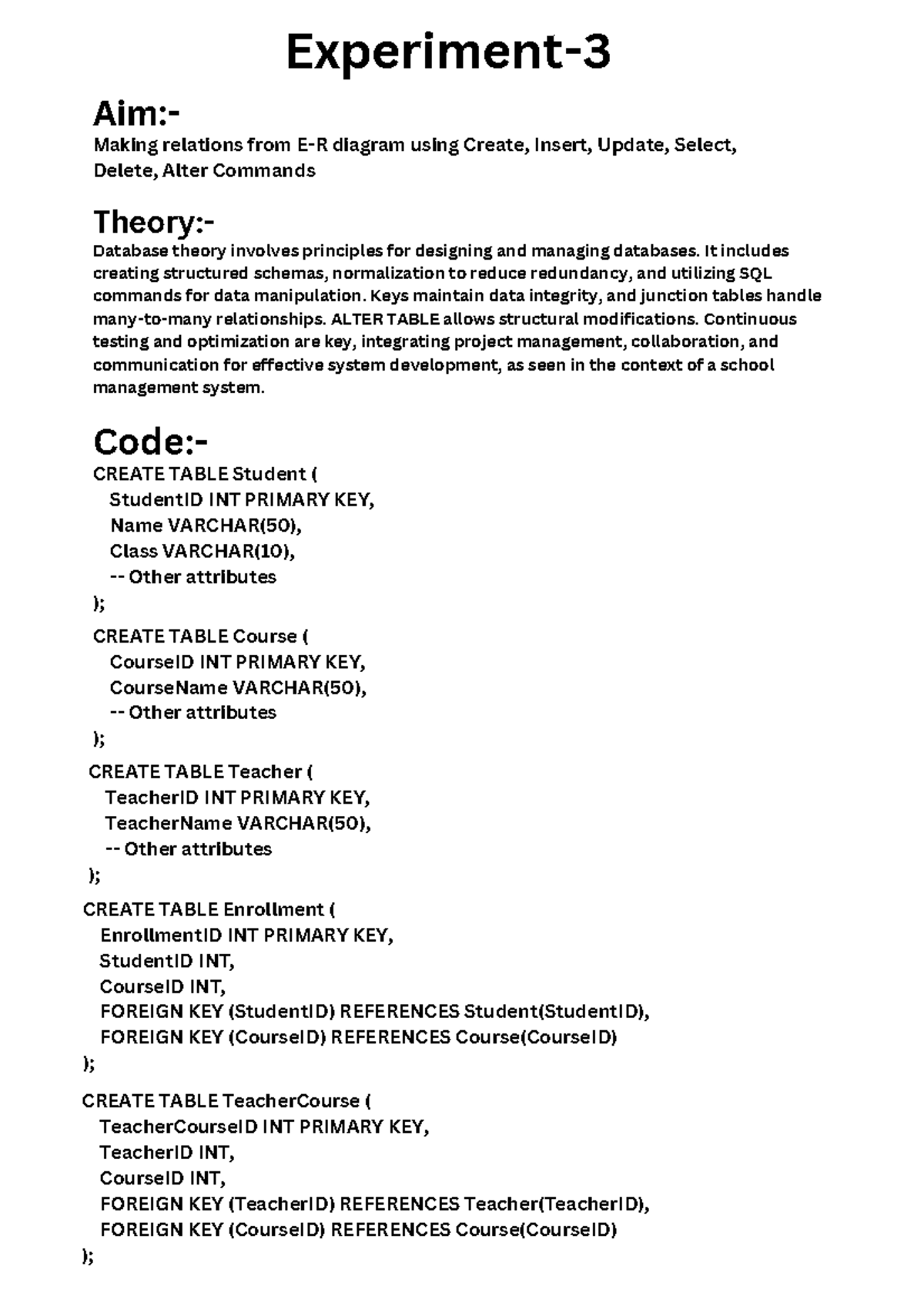 Experiment-4 - Experiment- Aim:- Making relations from E-R diagram using Create, Insert, Update ...