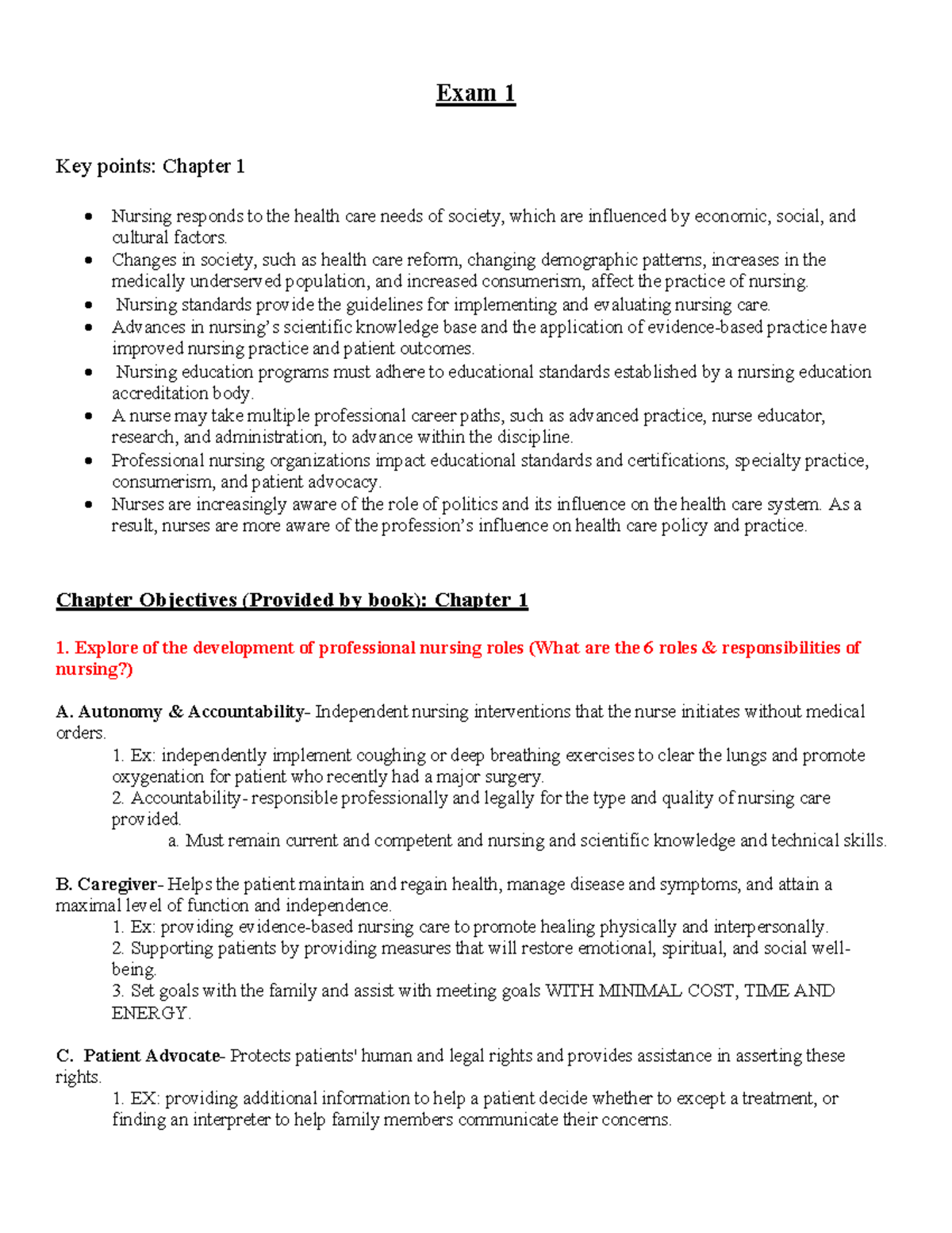 Exam 1 Study Guide - EXAM 1 - Exam 1 Key points: Chapter 1 Nursing ...
