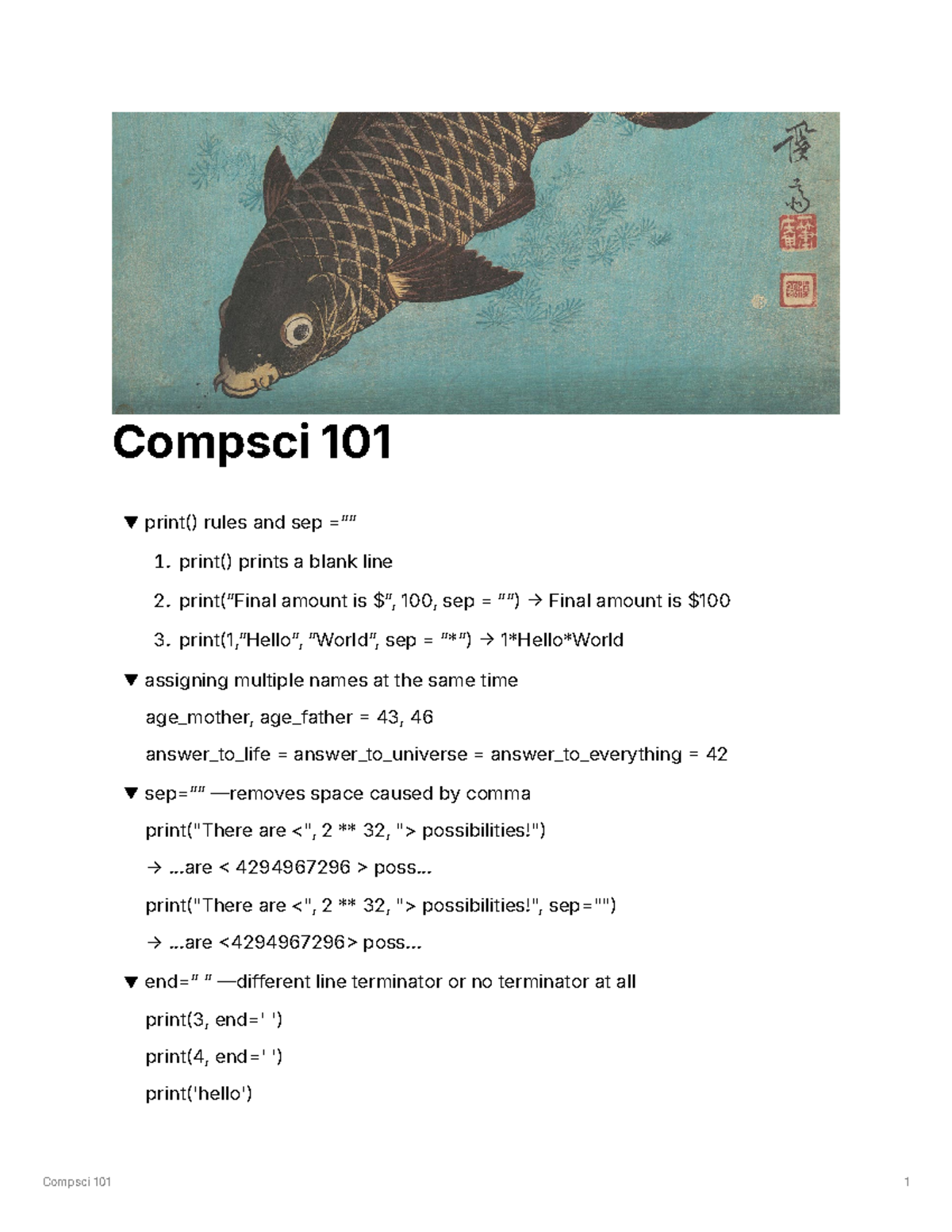H - some codes and notes - Compsci 101 print() rules and sep =ˮˮ print ...