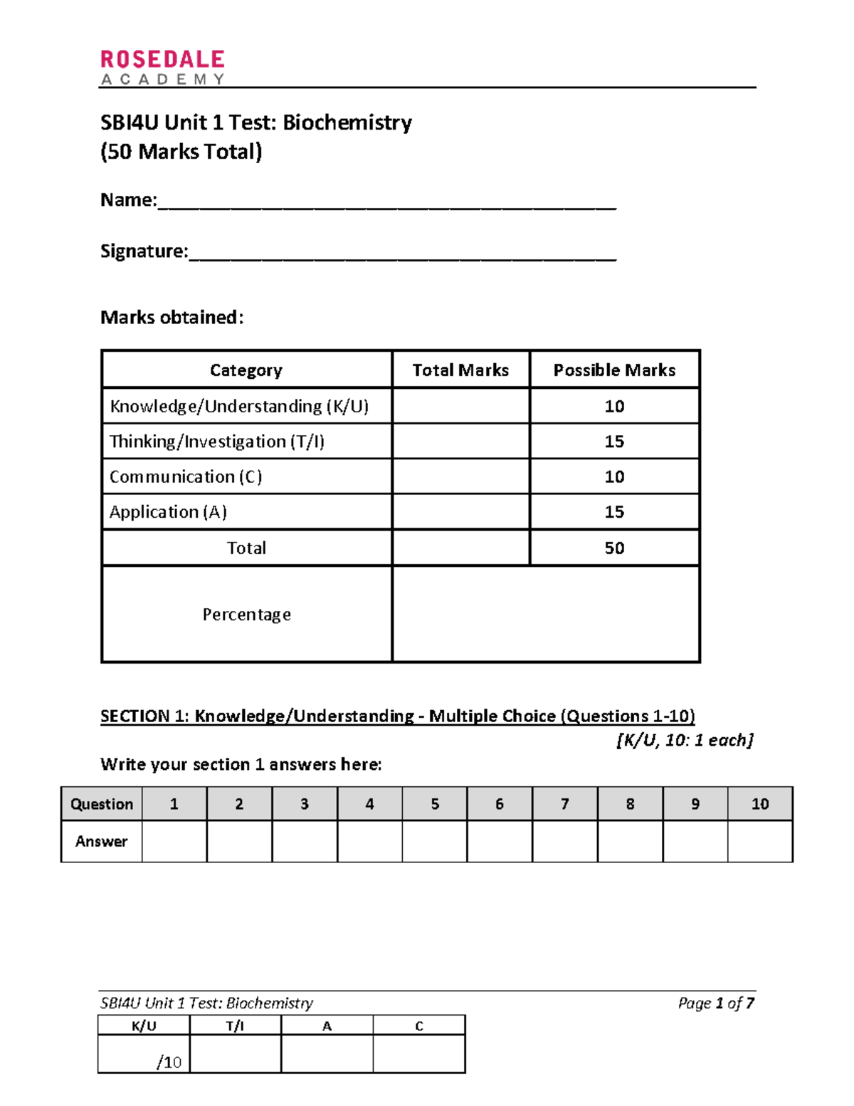 SBI4U Unit 1 Test (student version) - SBI4U Unit 1 Test: Biochemistry ...