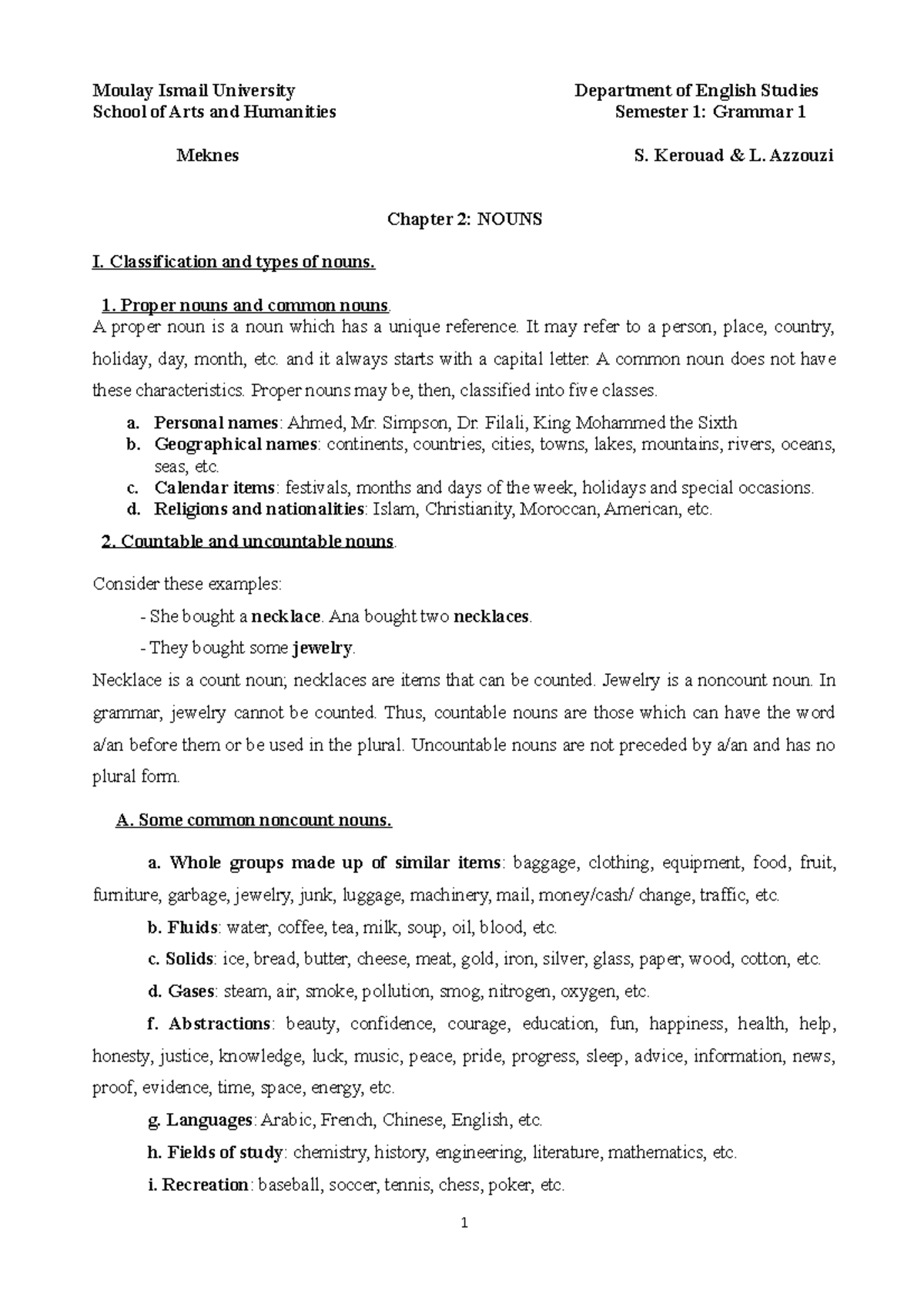Week 6. Nouns - Chapter 2: Nouns - Moulay Ismail University Department ...