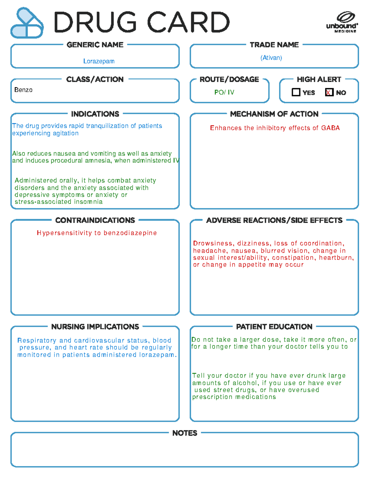 Drug Card Ativan - Drug Card - ALHS 1550 - Studocu