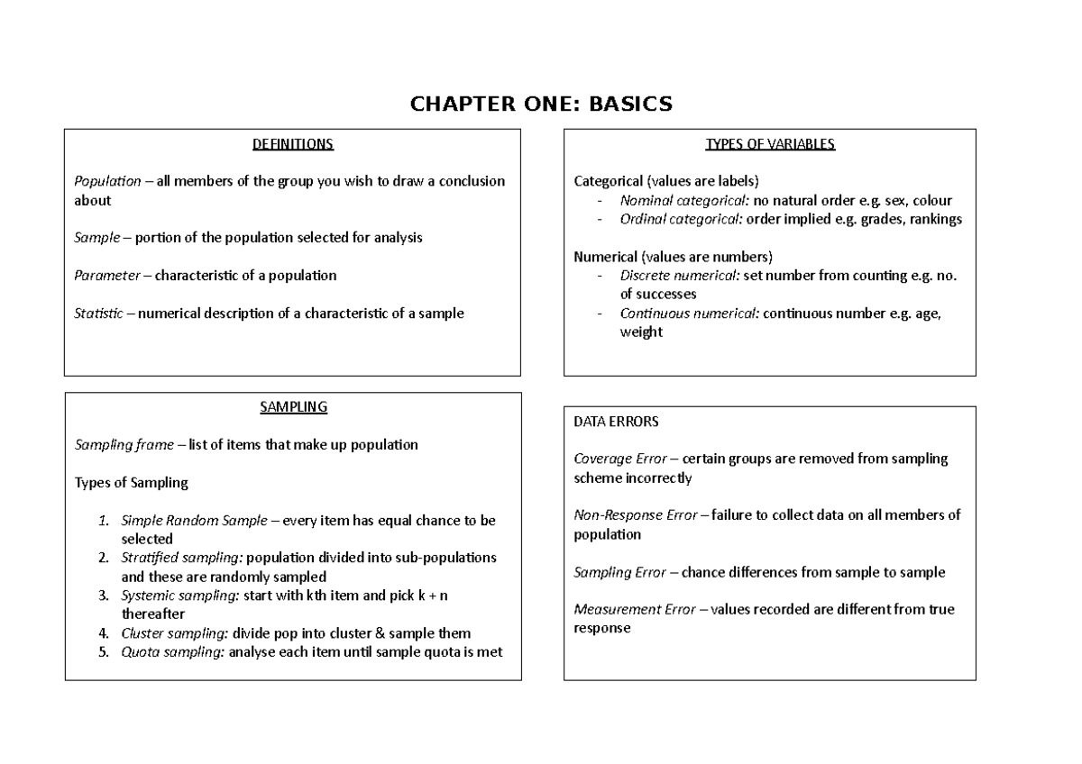 Stat Summary Pages - CHAPTER ONE: BASICS TYPES OF VARIABLES Categorical ...