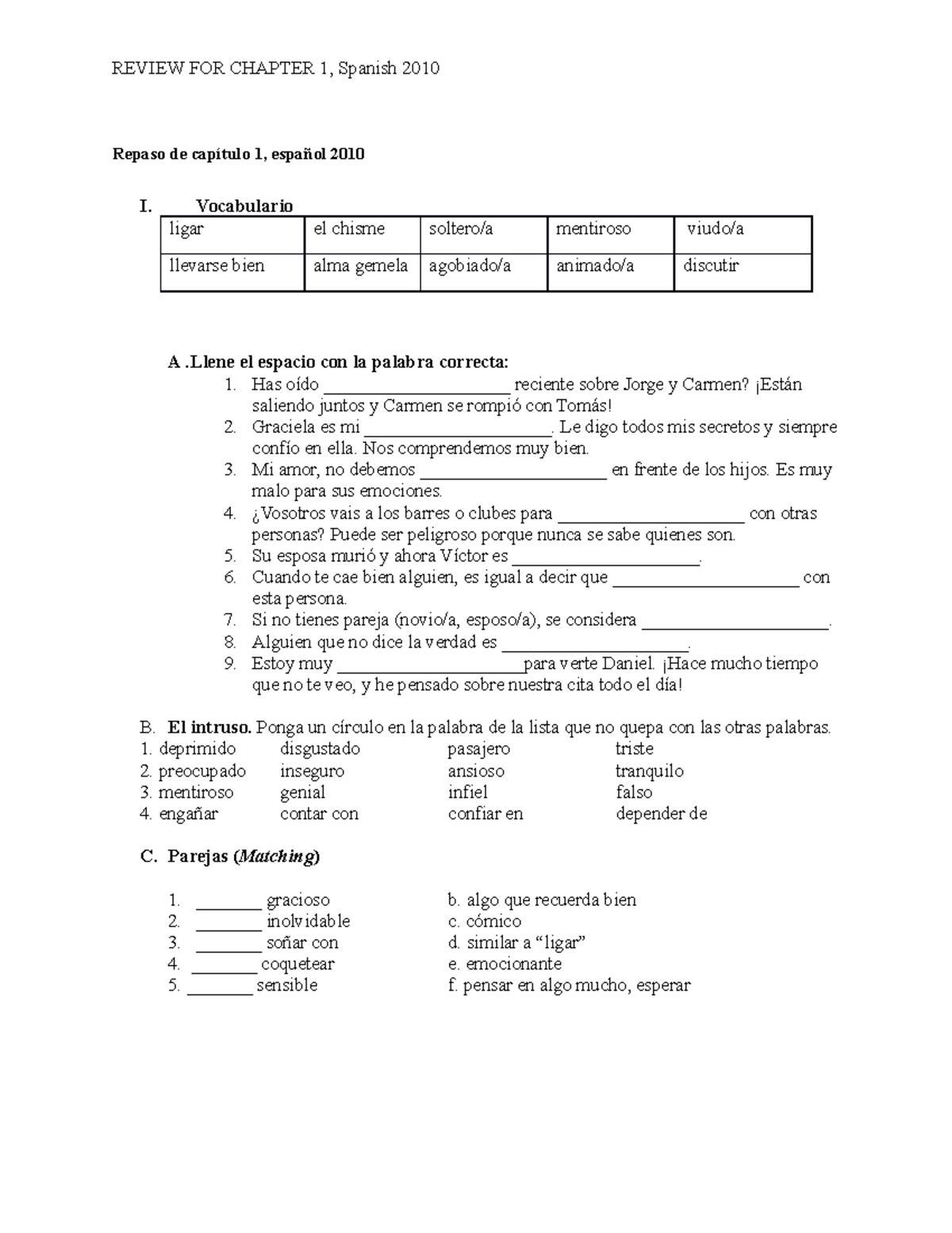 Repaso capítulo 1, Imagina updated-1 - REVIEW FOR CHAPTER 1, Spanish ...