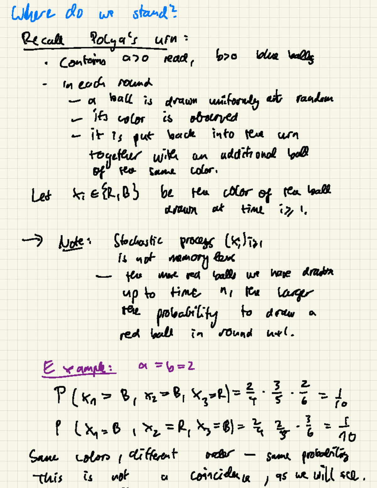 Probability Theory Class 30 - Where do we stand ? Recull Polya's urn ...