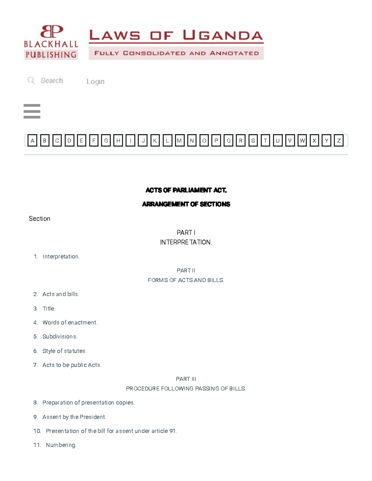 ACTS OF Parliament ACT - ACTS OF PARLIAMENT ACT. ARRANGEMENT OF ...