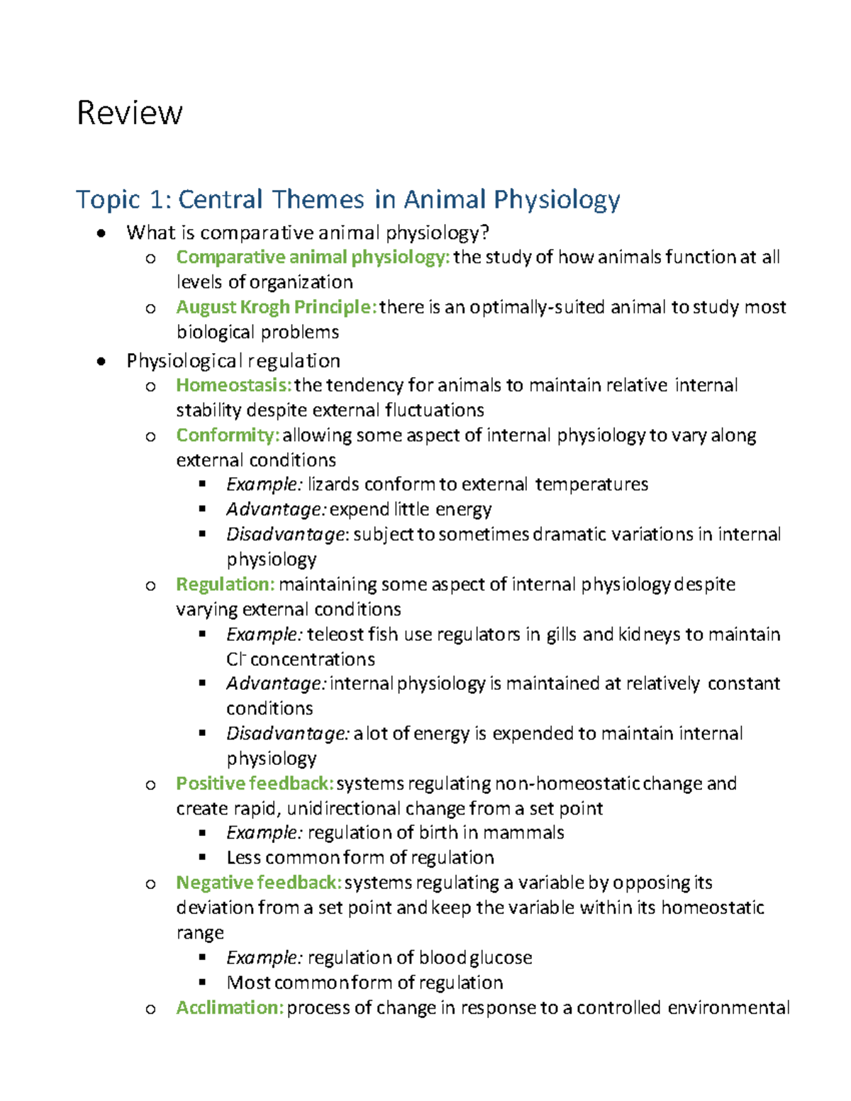 CAP1 Review - Summary Comparative Animal Physiology I F - Review Topic ...